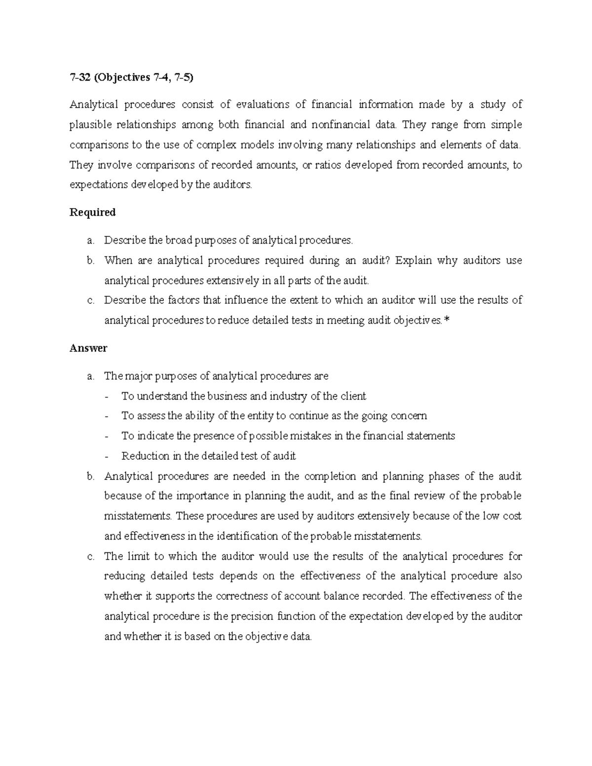 Audit 1 - Homework (Week 9) - 7-32 (Objectives 7-4, 7-5) Analytical ...