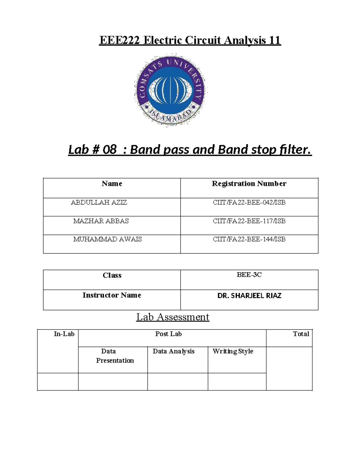 LAB Report 8 ECA 2 - EEE222 Electric Circuit Analysis 11 Lab # 08 : Band pass and Band stop ...