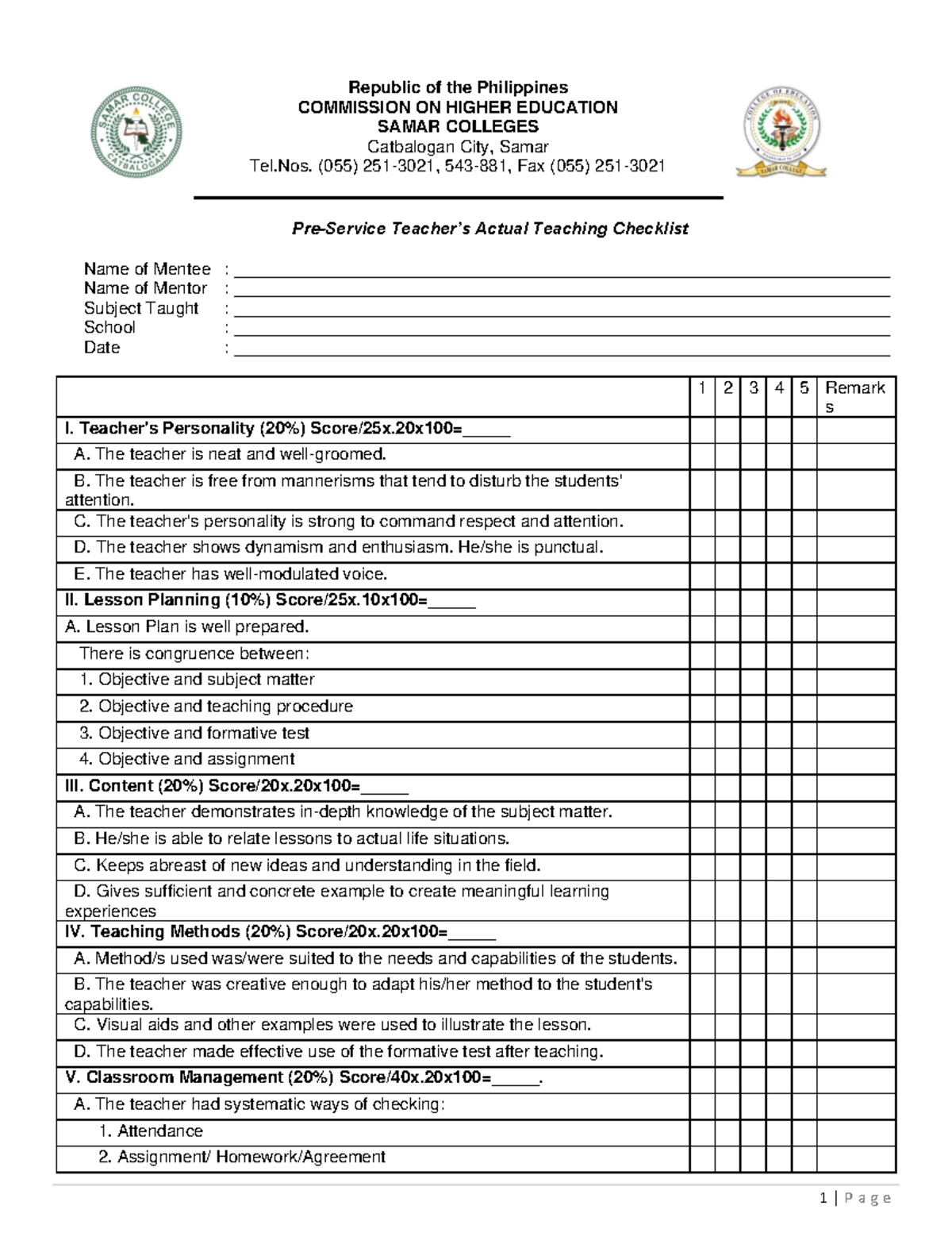 Demo Teaching Actual Teaching Checklist - 1 | P a g e Republic of the ...