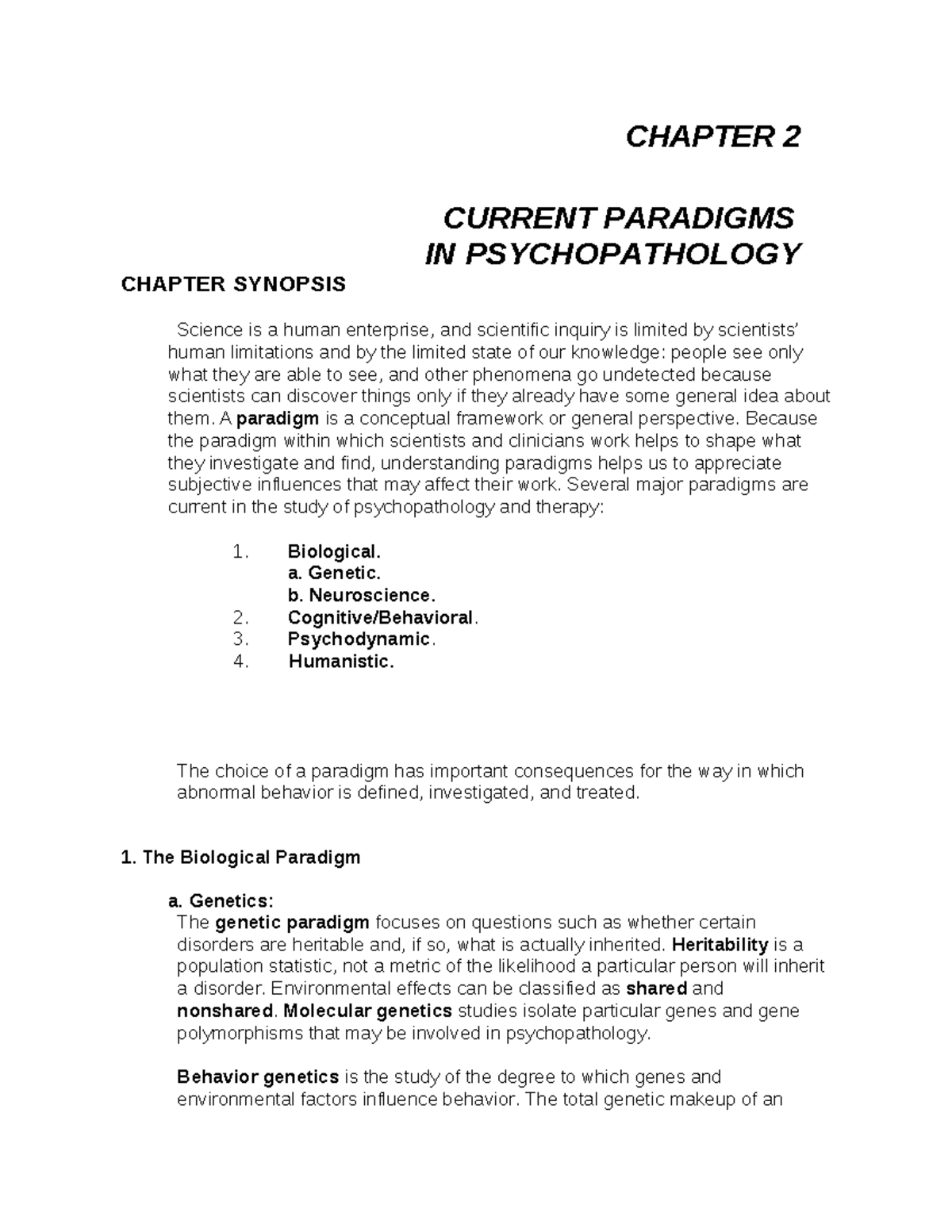 Chapter 2 Notes - Abnormal Psychology - CHAPTER 2 CURRENT PARADIGMS IN ...