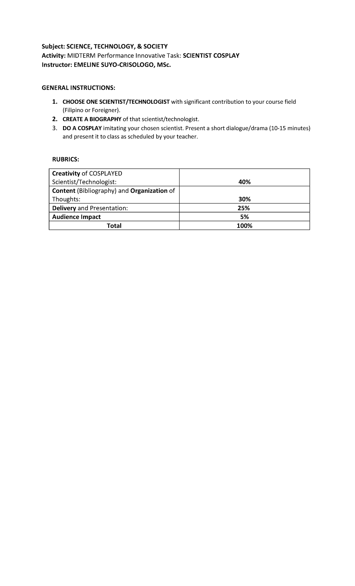 Midterm PIT Cosplay Rubrics - Subject: SCIENCE, TECHNOLOGY, & SOCIETY ...