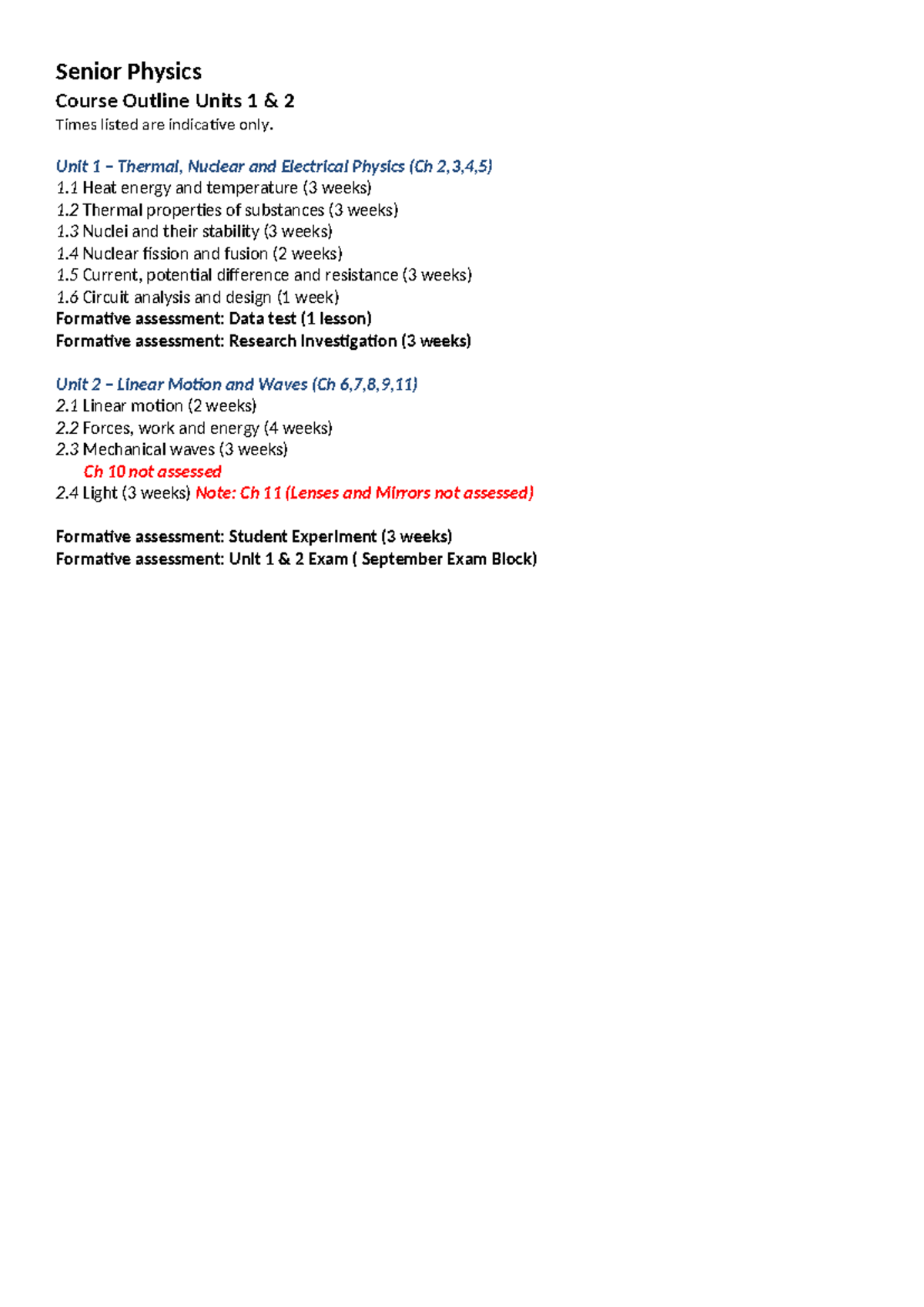 Senior Physics Unit Course Outline - Senior Physics Course Outline ...