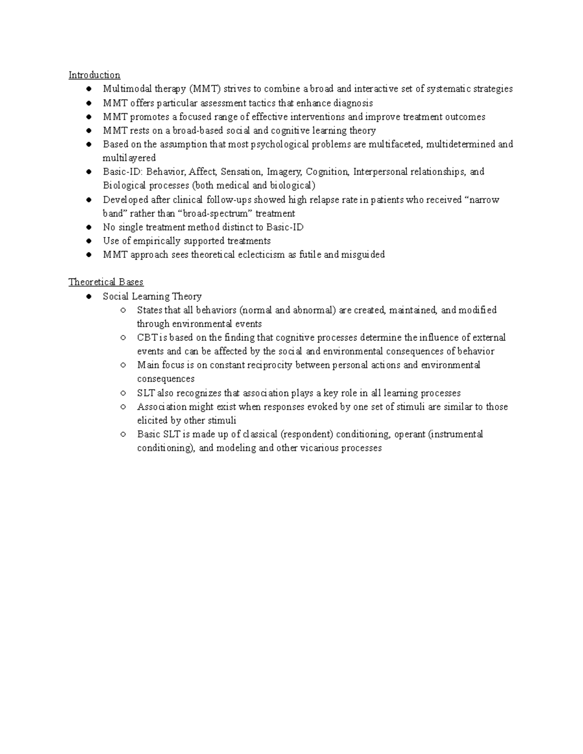 1 14 22 Basic-ID Notes - Introduction Multimodal therapy (MMT) strives ...