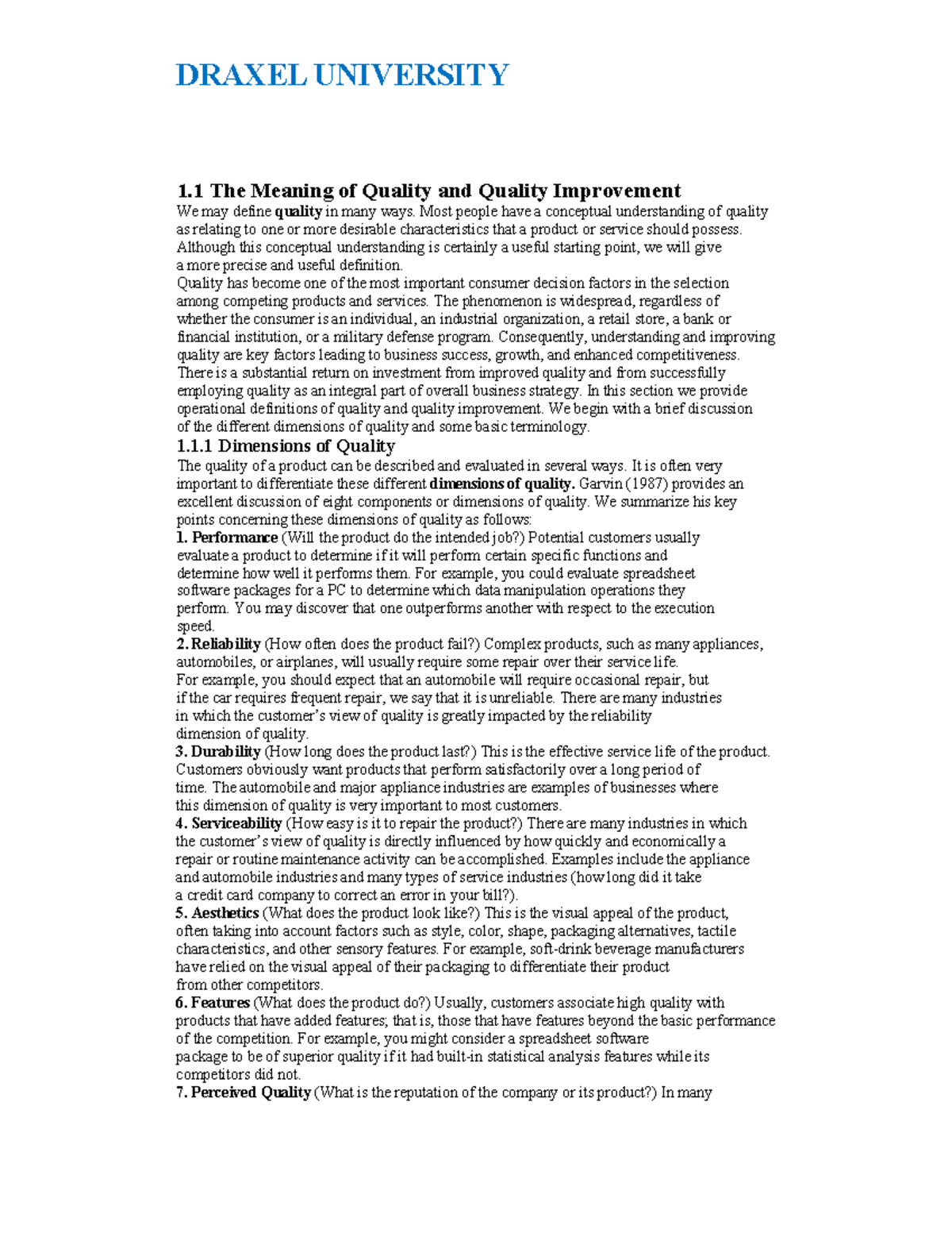 Lecturer Notes Statistical Process Control Chapter 1 Draxel University 1 The Meaning Of