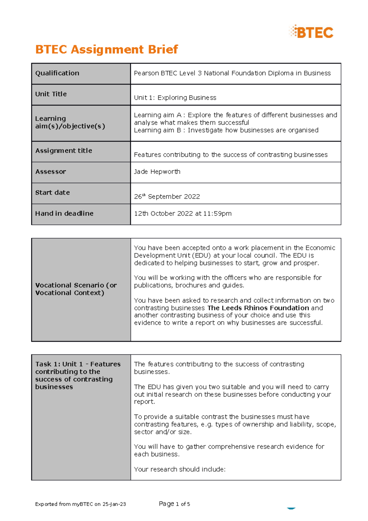Exploring Business Assignment Brief 1 - BTEC Assignment Brief ...