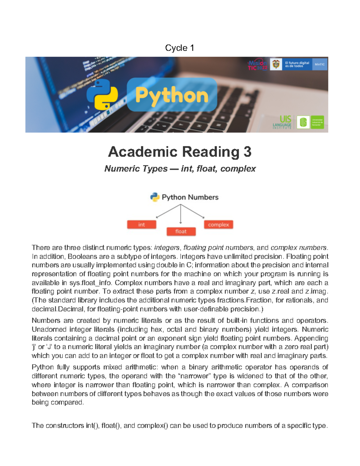 Academic Reading 3 Numeric Types — Int Float Complex In Addition