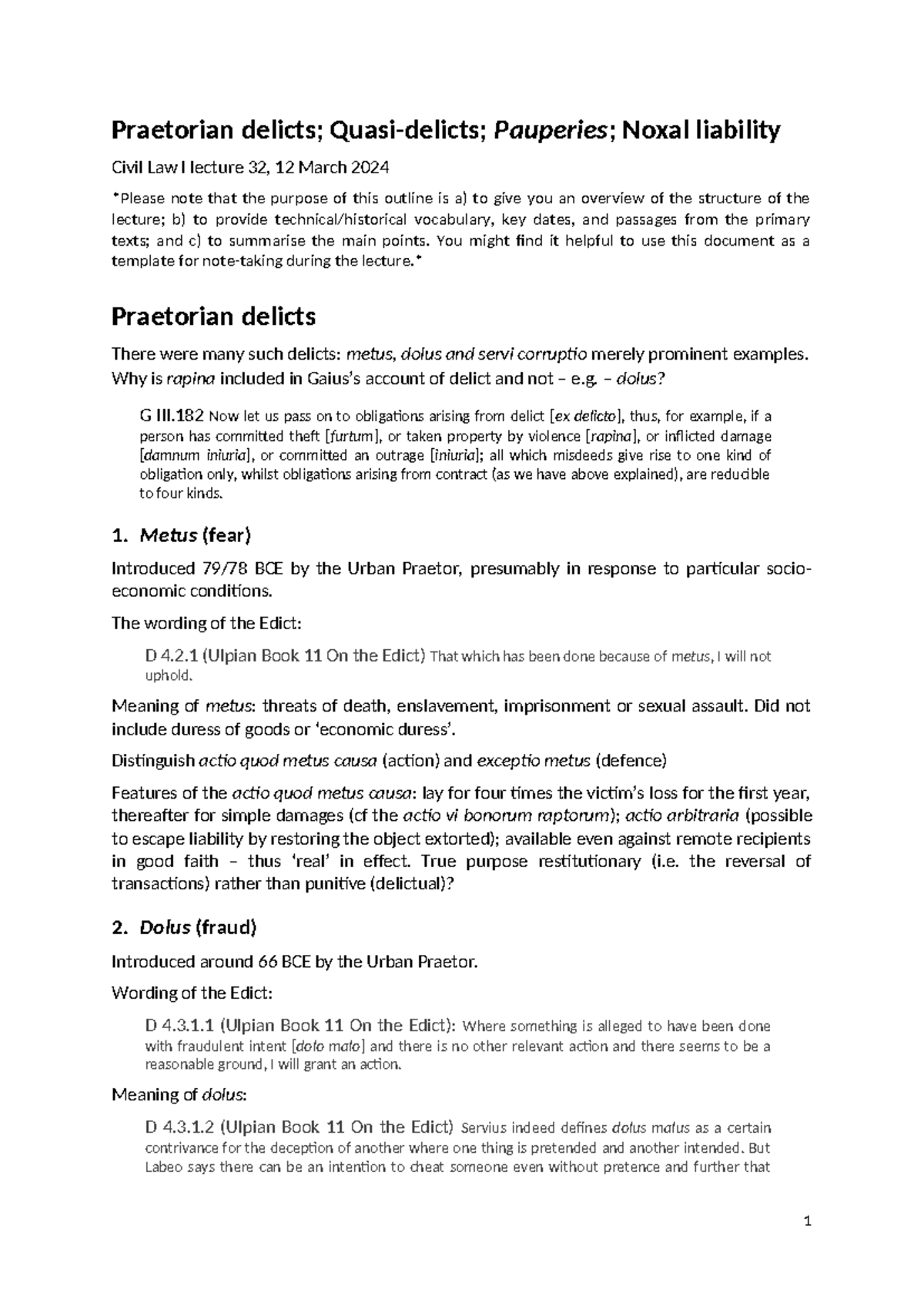 Civil Law I lecture 32 - quasi delict - praetorian delicts - pauperies ...