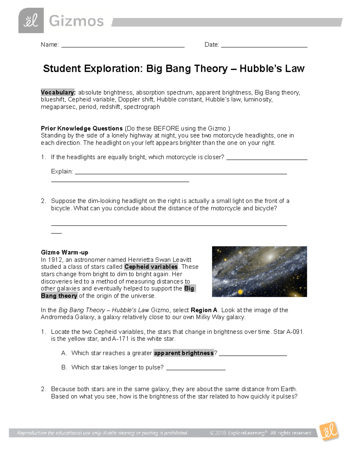 Gizmo Big Bang Worksheet (AFL) - Name: Date: Student Exploration: Big ...