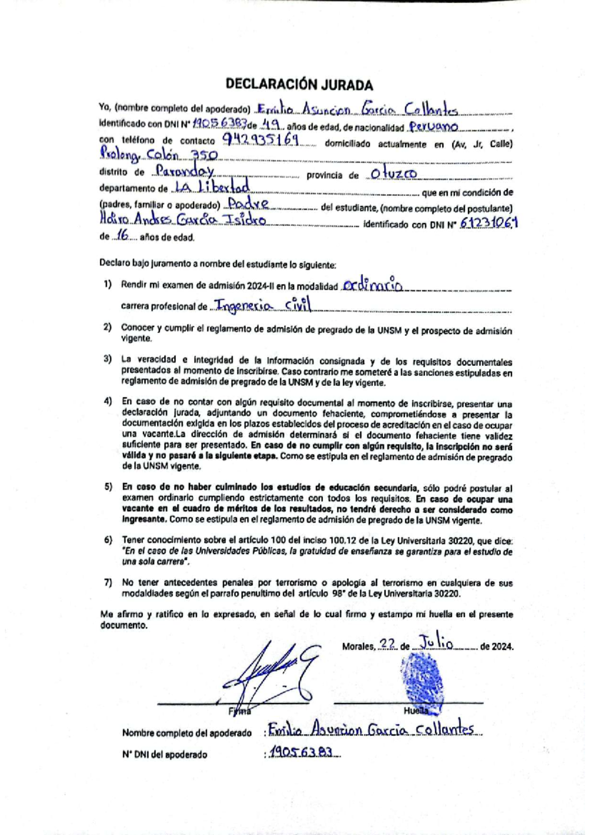 Declaracion jurada - derecho - DECLARACIÓN JURADA Yo, (nombre completo ...