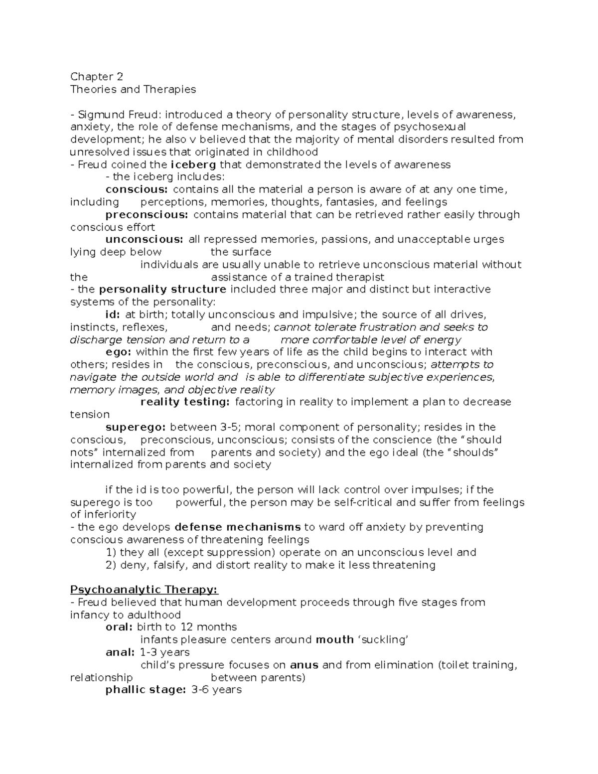 Chapter 3 - lecture notes - Chapter 2 Theories and Therapies Sigmund ...