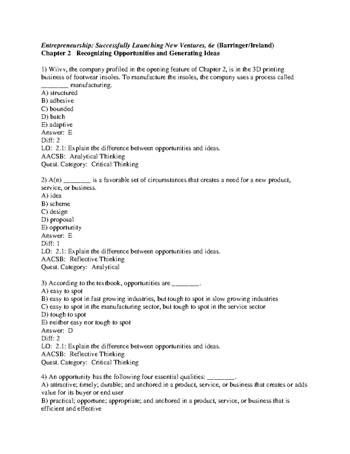 Sample/practice exam 2019, questions and answers - Entrepreneurship ...