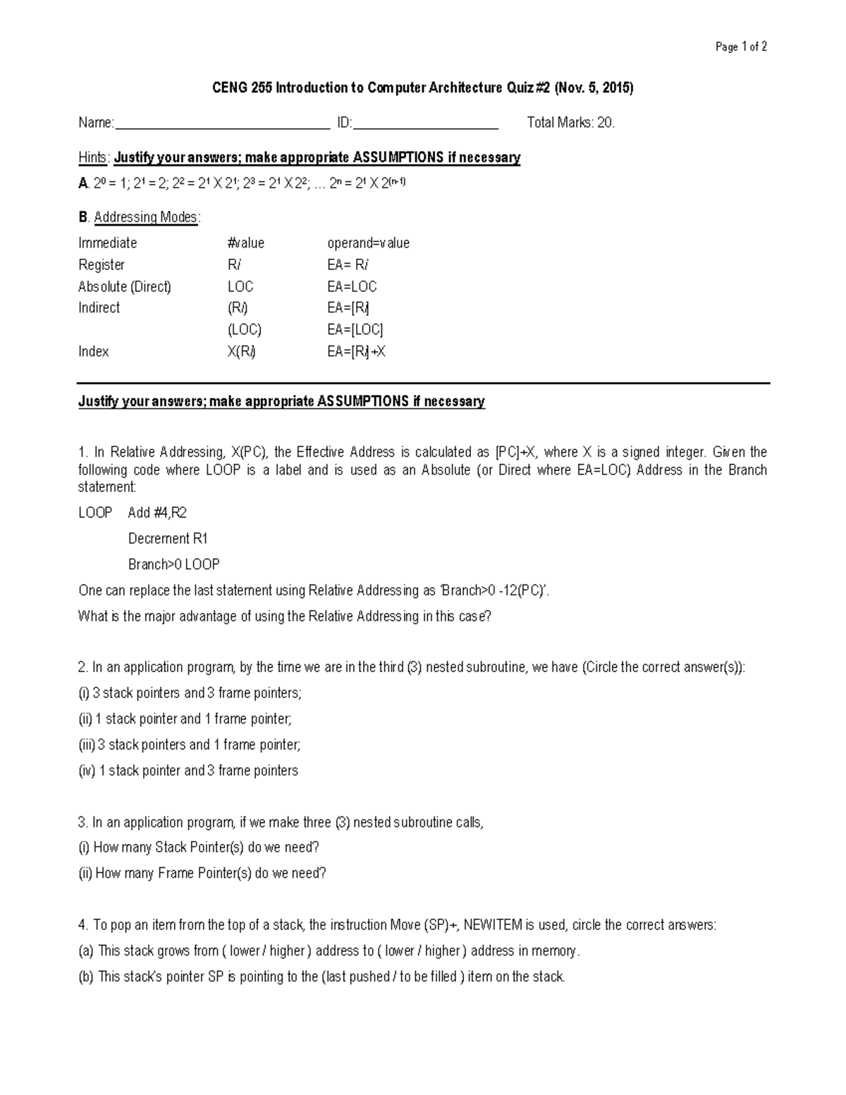 Sample Practice Exam 5 November 2015 Questions Page 1 Of 2 Ceng 255 Introduction To Computer