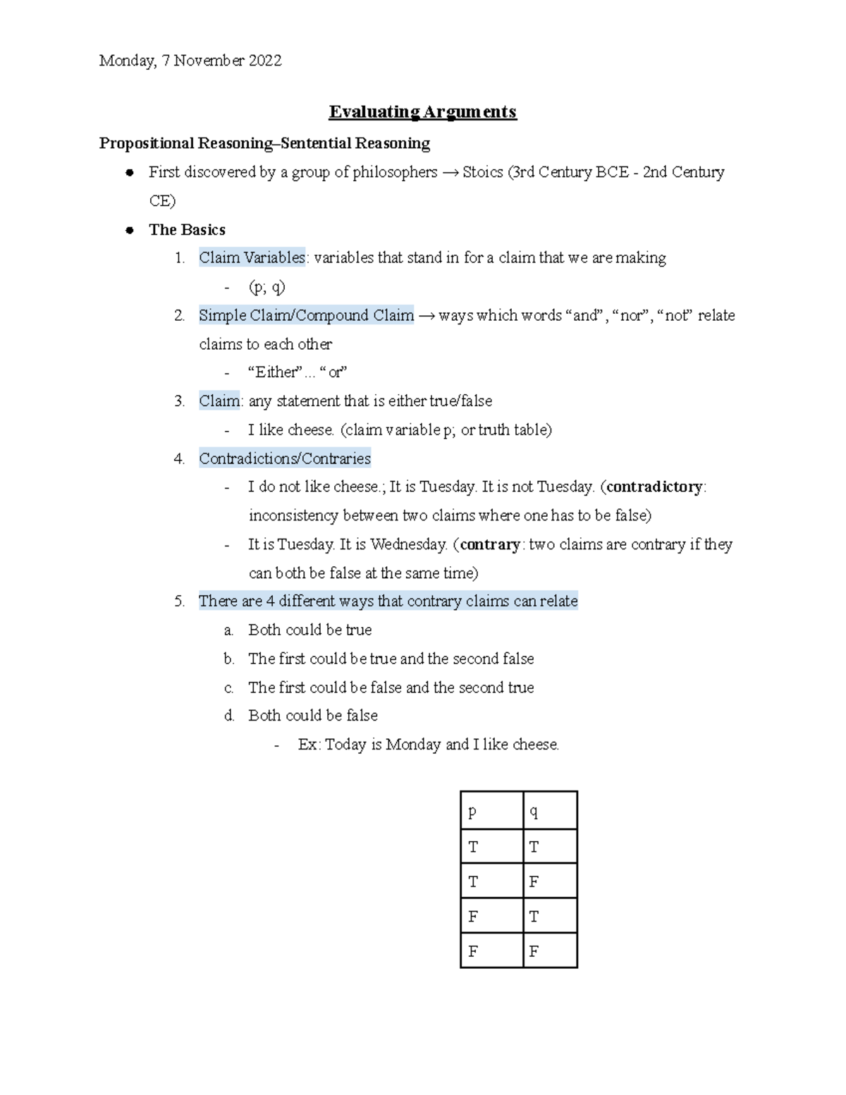Evaluating Arguments - Prof. Carboni notes - Monday, 7 November 2022 ...