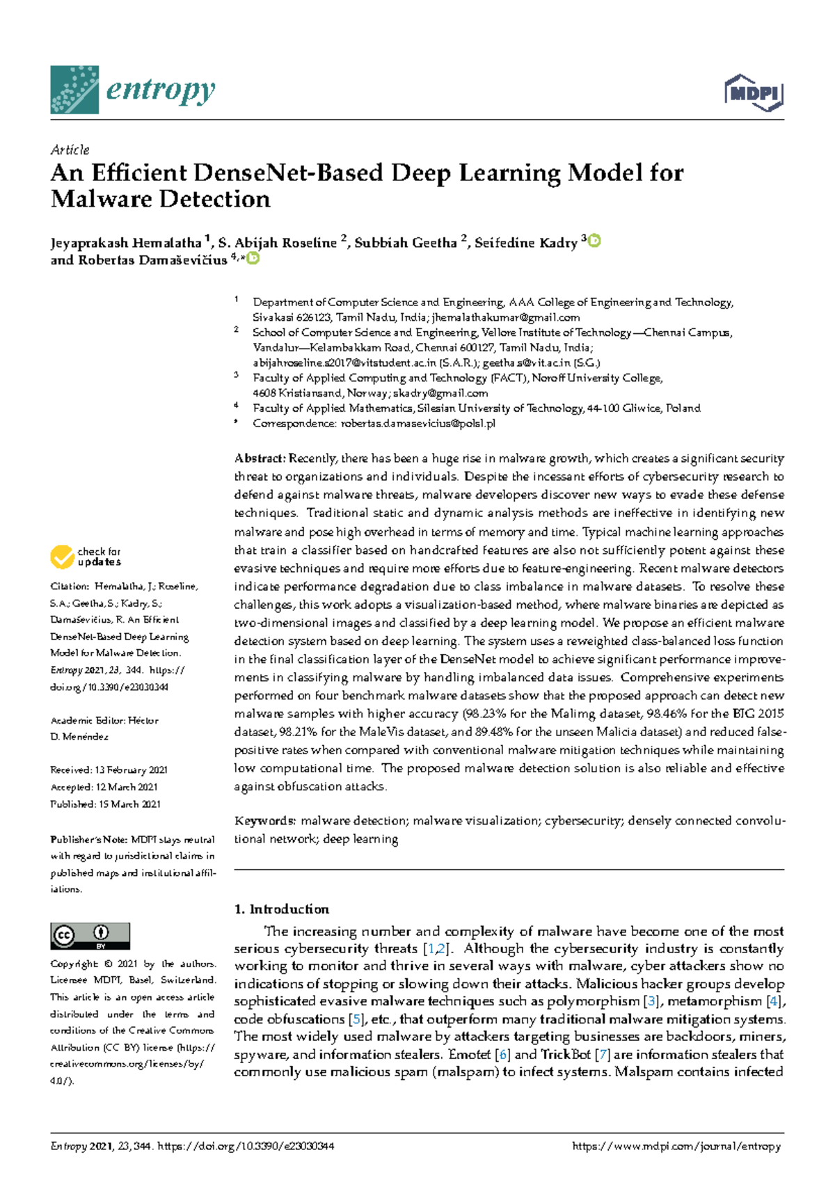 An Efficient Dense Net Based Deep Learning Model For Malware Detection