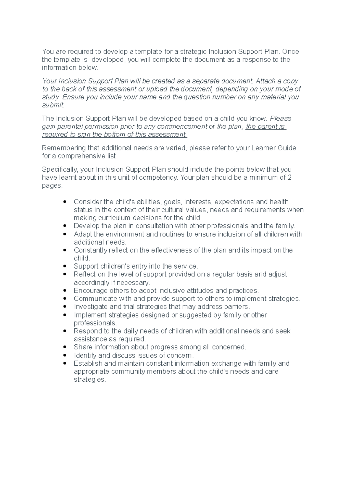ISP - Inclusion Support Plan - You are required to develop a template ...