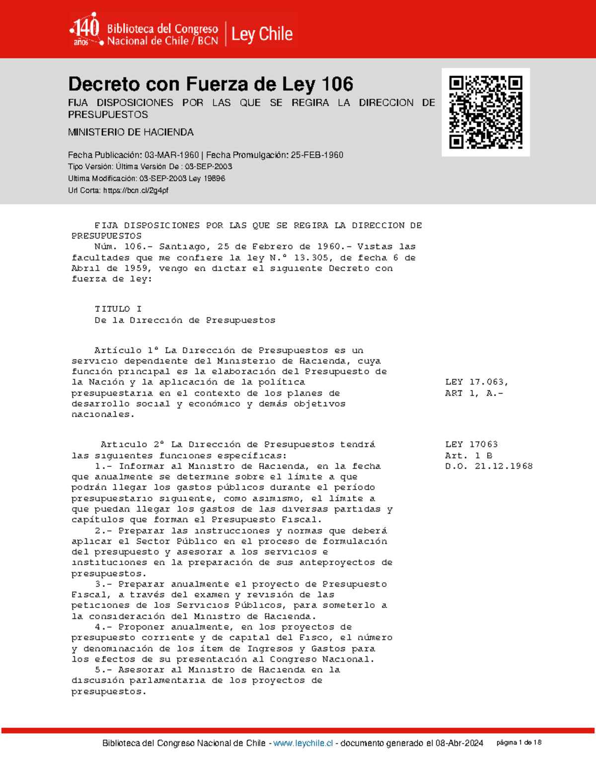 DFL-106 03-MAR-1960 Dipres ( Dirección DE Presupuesto) - Decreto con ...