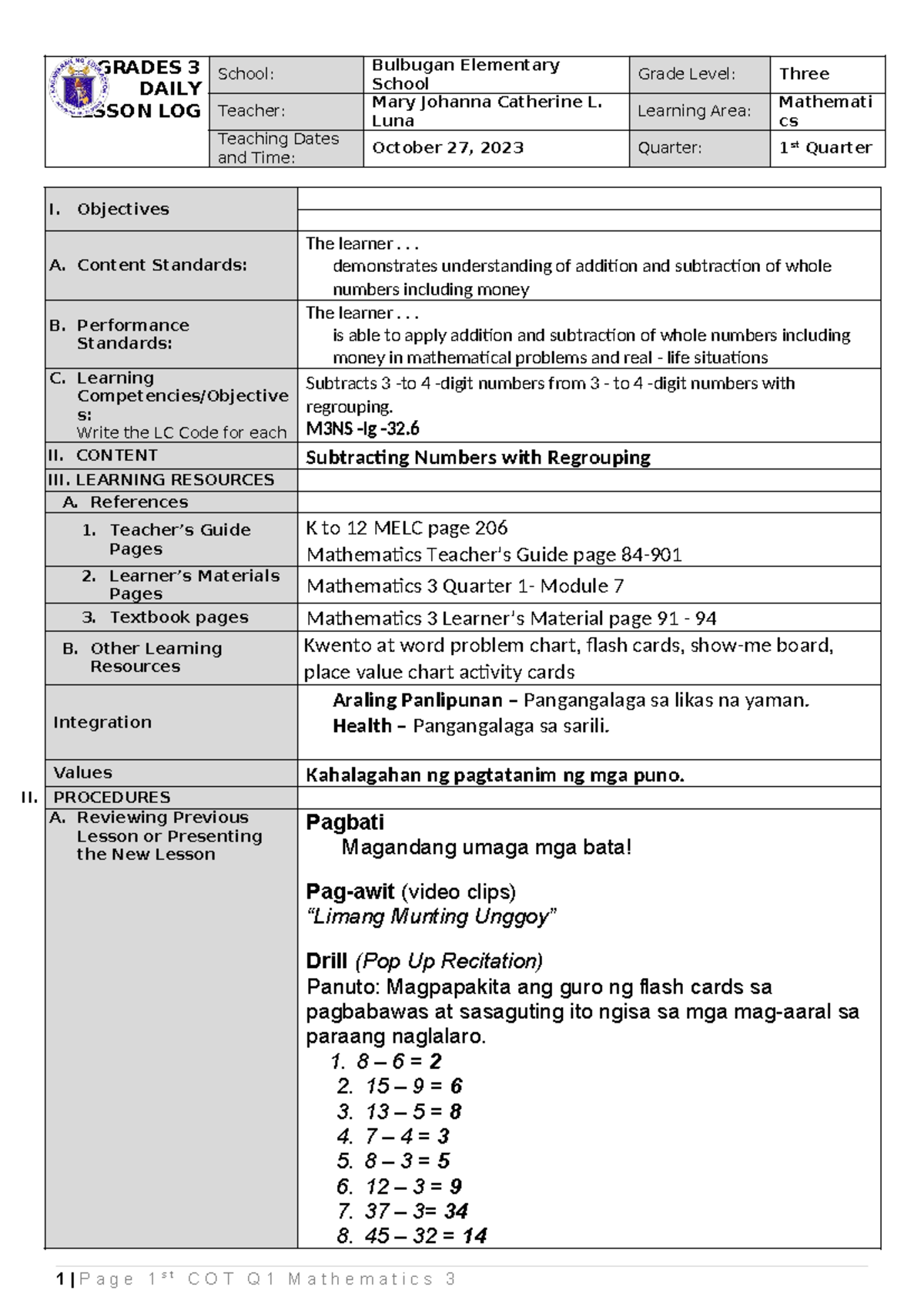 1st lesson plan math COT - GRADES 3 DAILY LESSON LOG School: Bulbugan ...