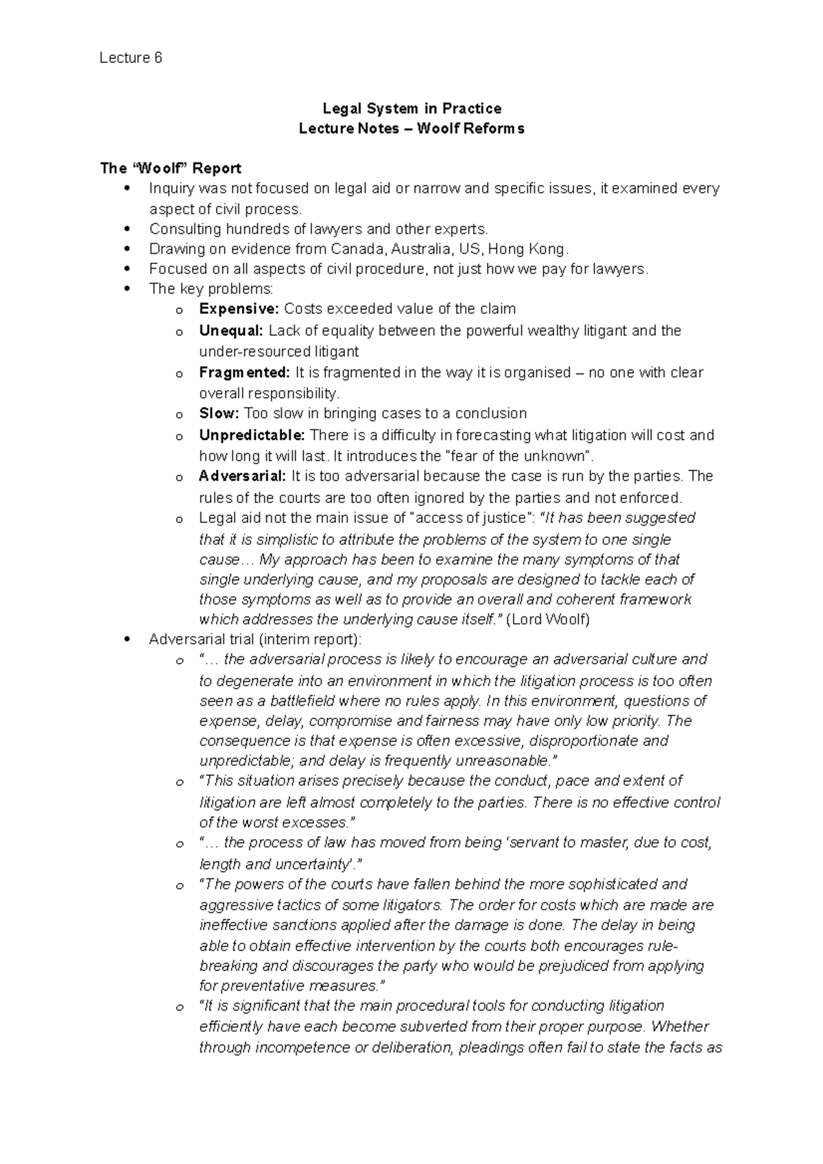 Lecture 6 - Woolf Reforms - Lecture 6 Legal System in Practice Lecture ...