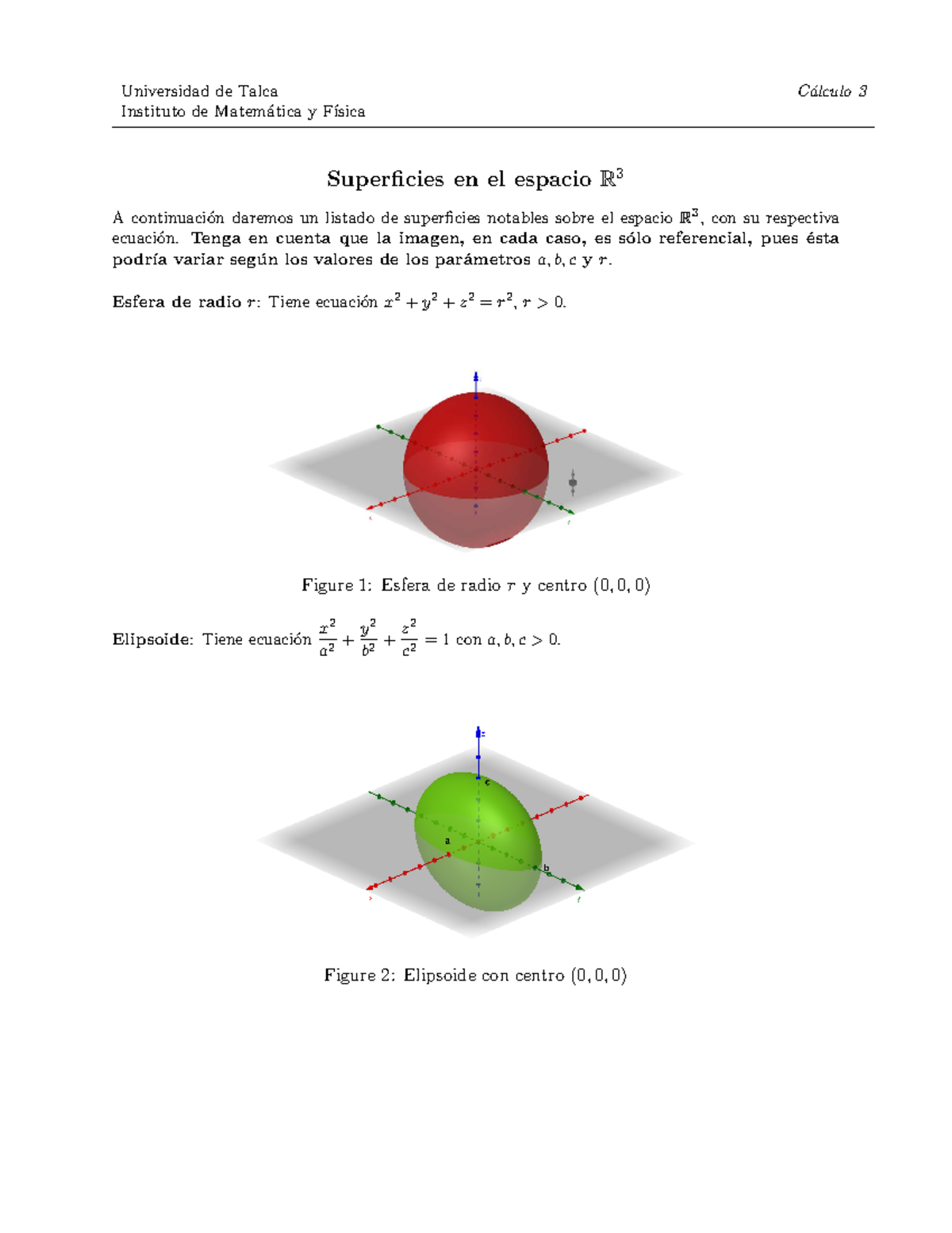 Superficies notables - Esto es para cálculo 3 no para cálculo 2 - Universidad de Talca C ́alculo ...