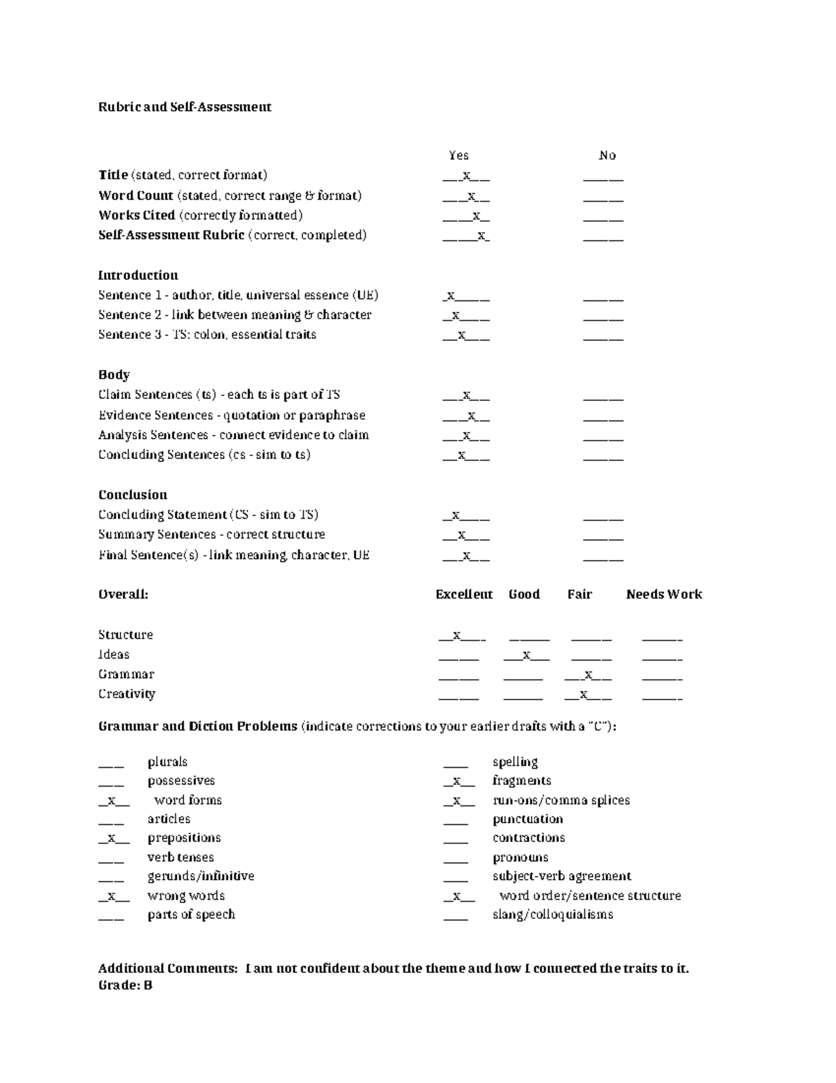 Essay S-A Rubric (1) 2 - Rubric and Self-Assessment Yes No Title ...