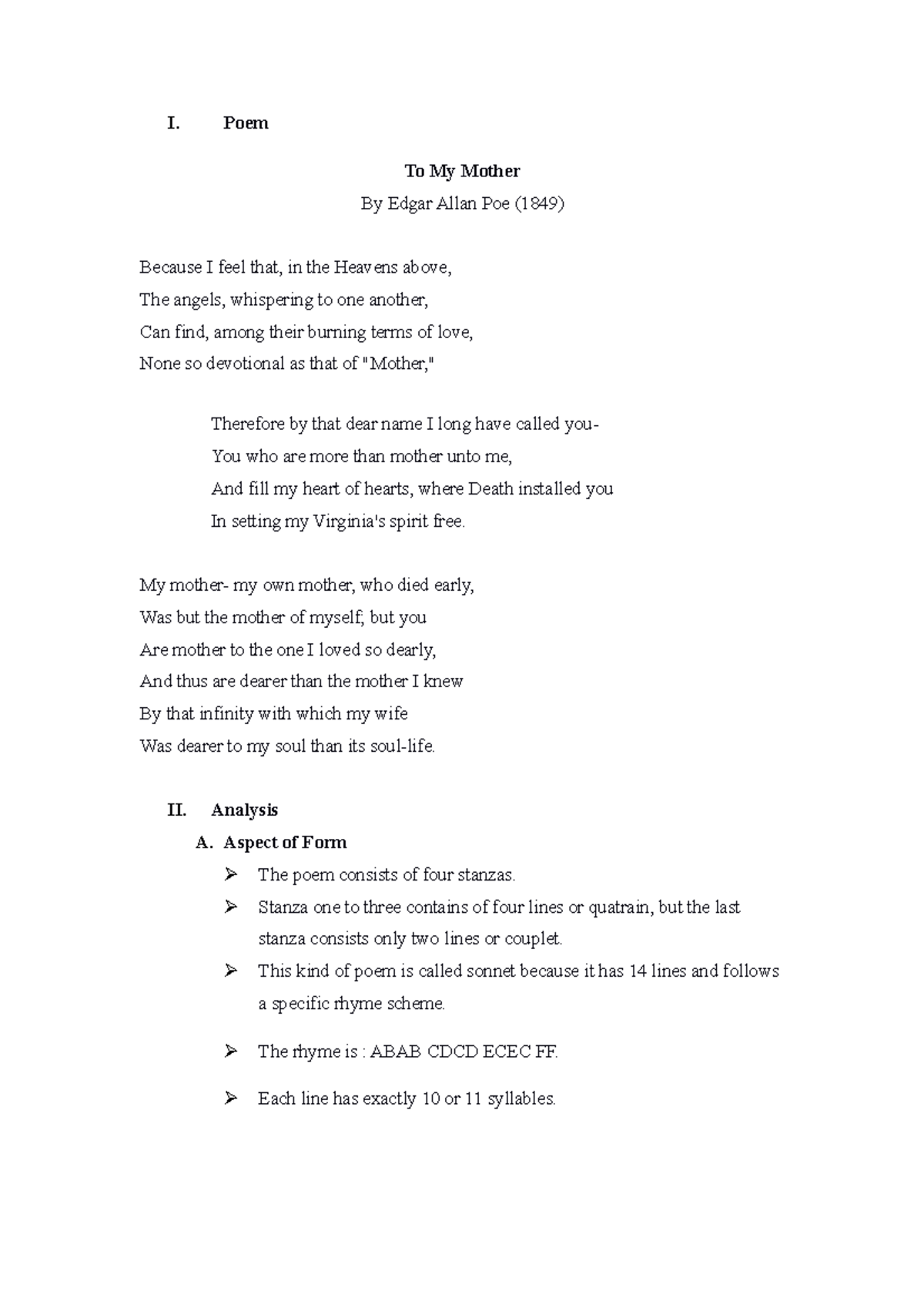 Explicating Poetry - To My Mother - I. Poem To My Mother By Edgar Allan ...
