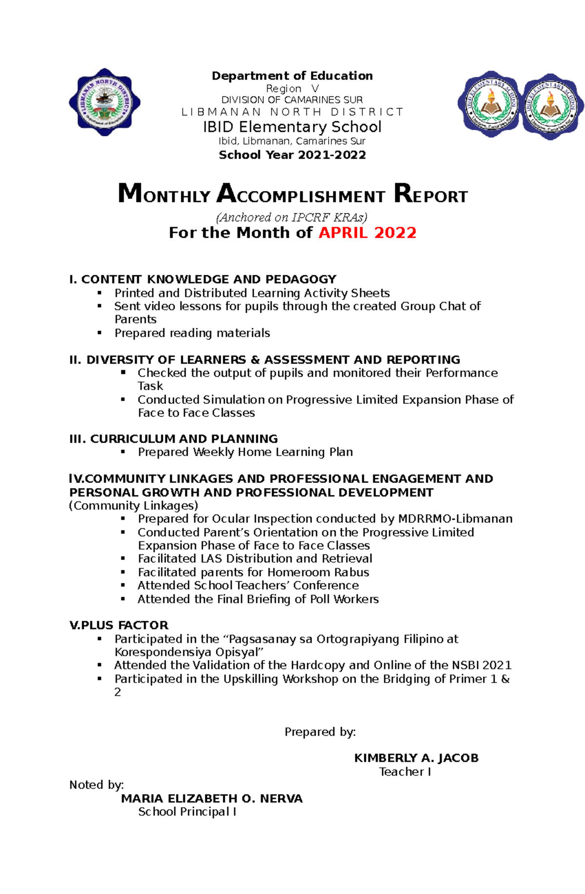 Accomplishment report - Department of Education Region V DIVISION OF ...