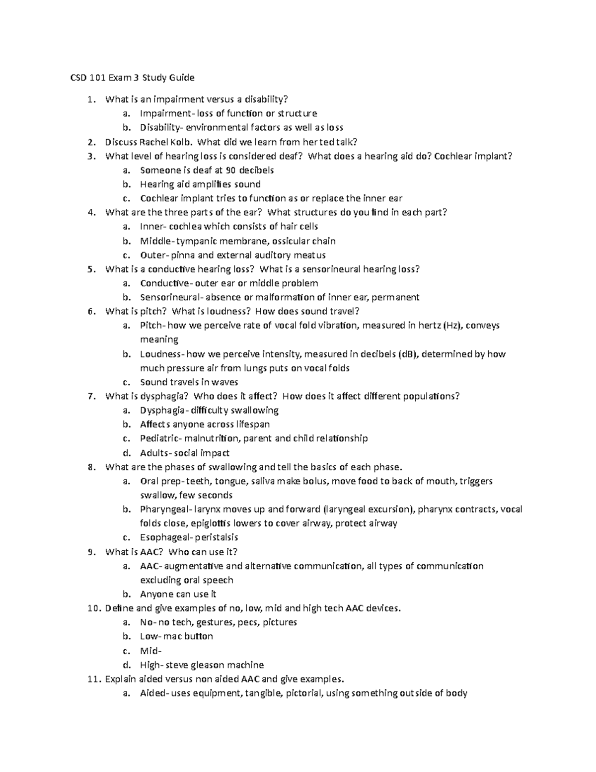 Final Exam Study Guide - CSD 101 Exam 3 Study Guide What is an impairment versus a disability? a ...