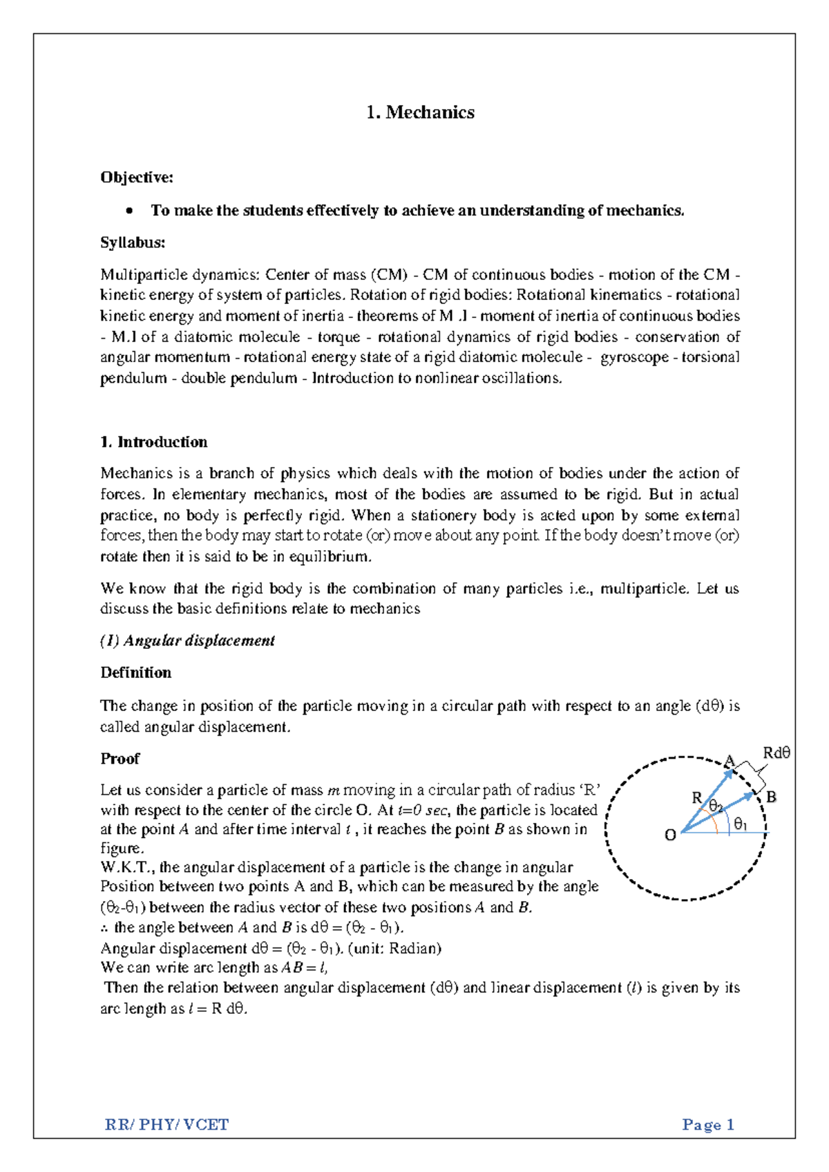 Unit-1-mechanics - Review on Mechanics - 1. Mechanics Objective: To ...