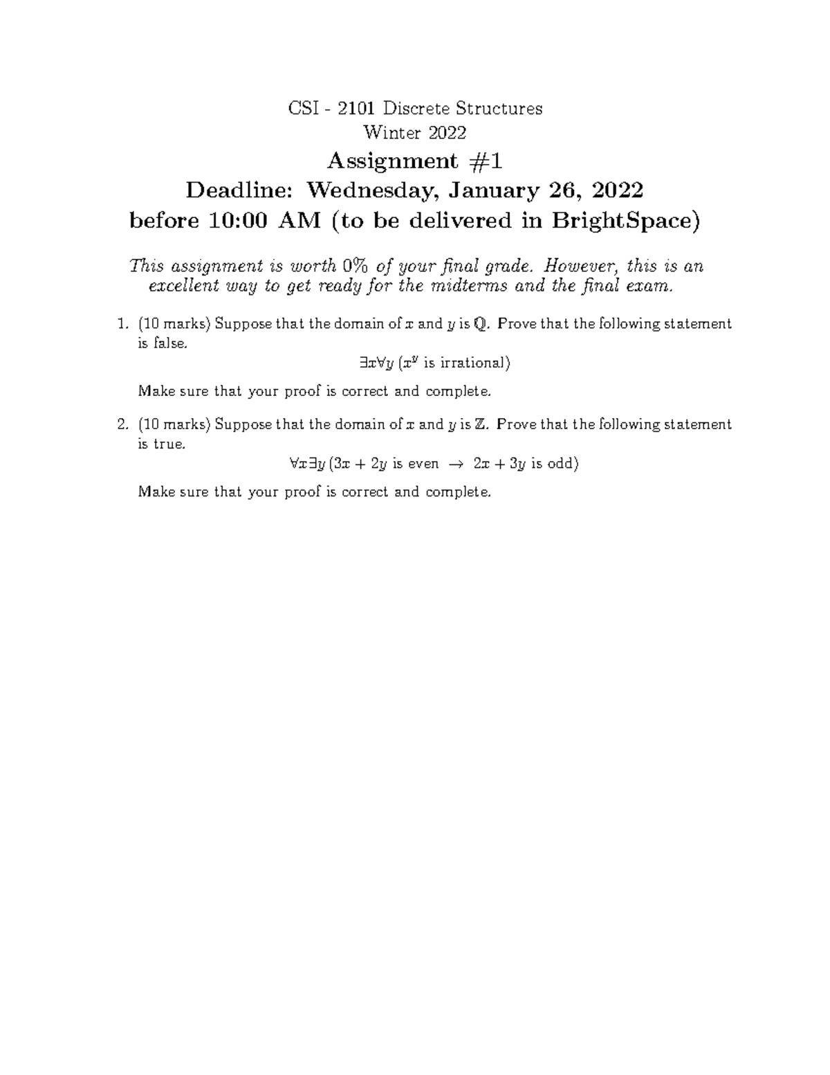 A1 - A1 assignment - CSI - 2101 Discrete Structures Winter 2022 Assignment Deadline: Wednesday ...