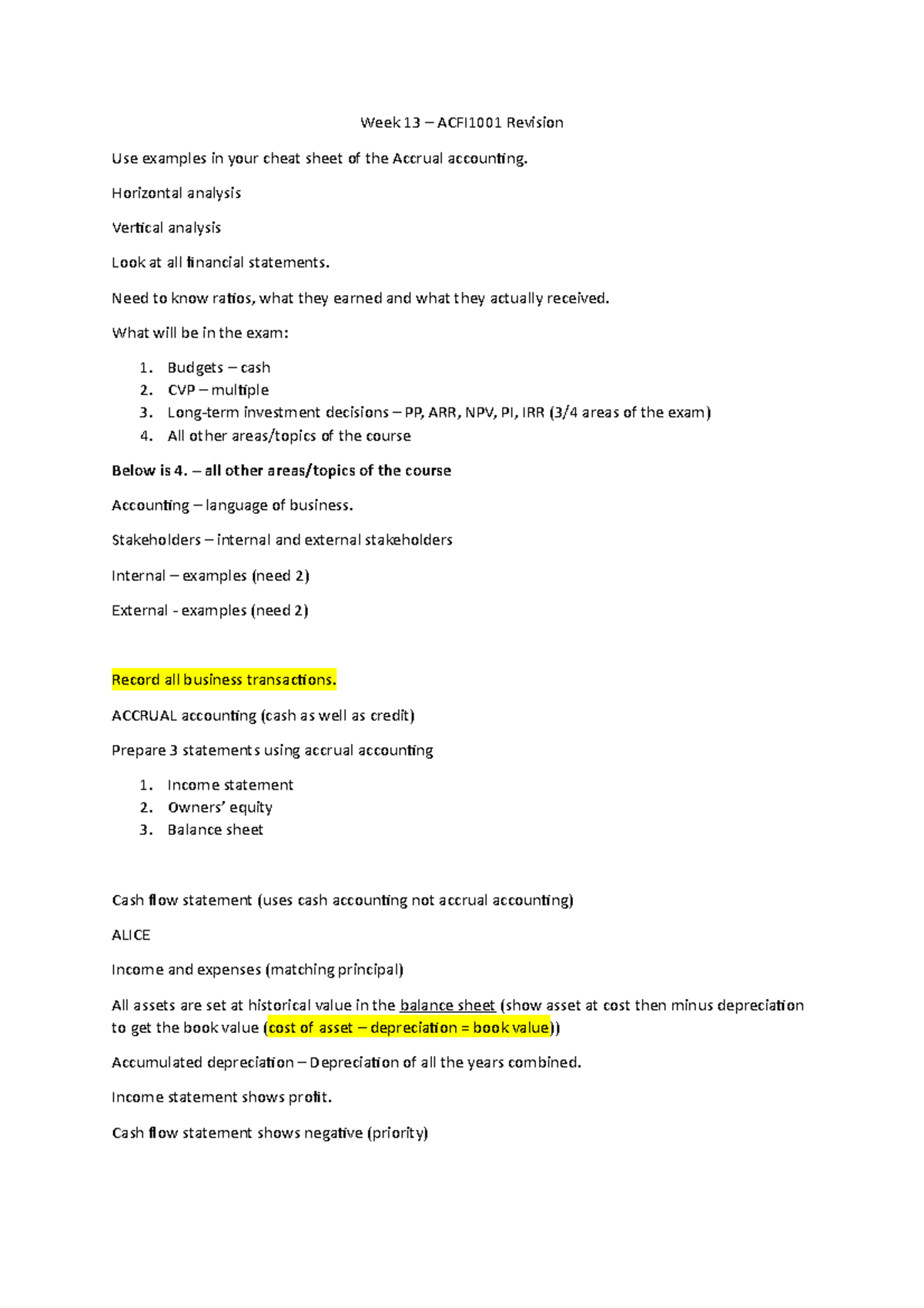 Week 13 - Final Revision- In class lecture notes - Week 13 – ACFI1001 ...