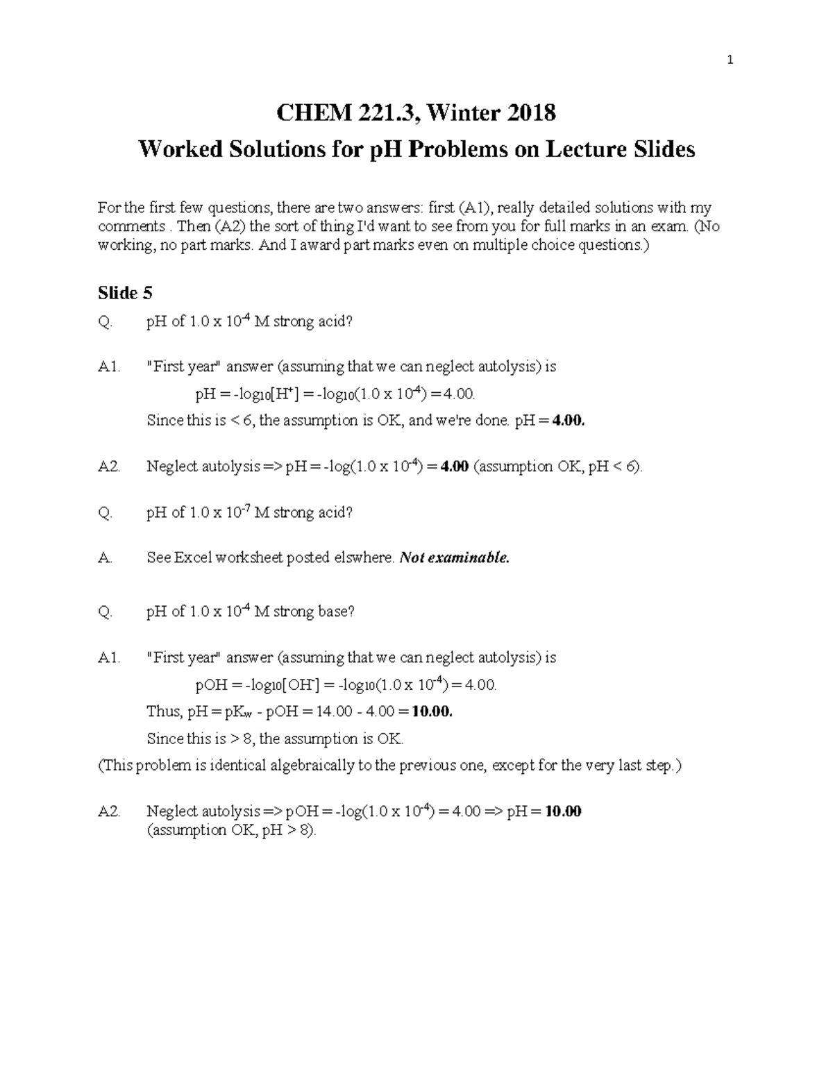 P H Problems - P H Calculations - 1 CHEM 221, Winter 2018 Worked ...
