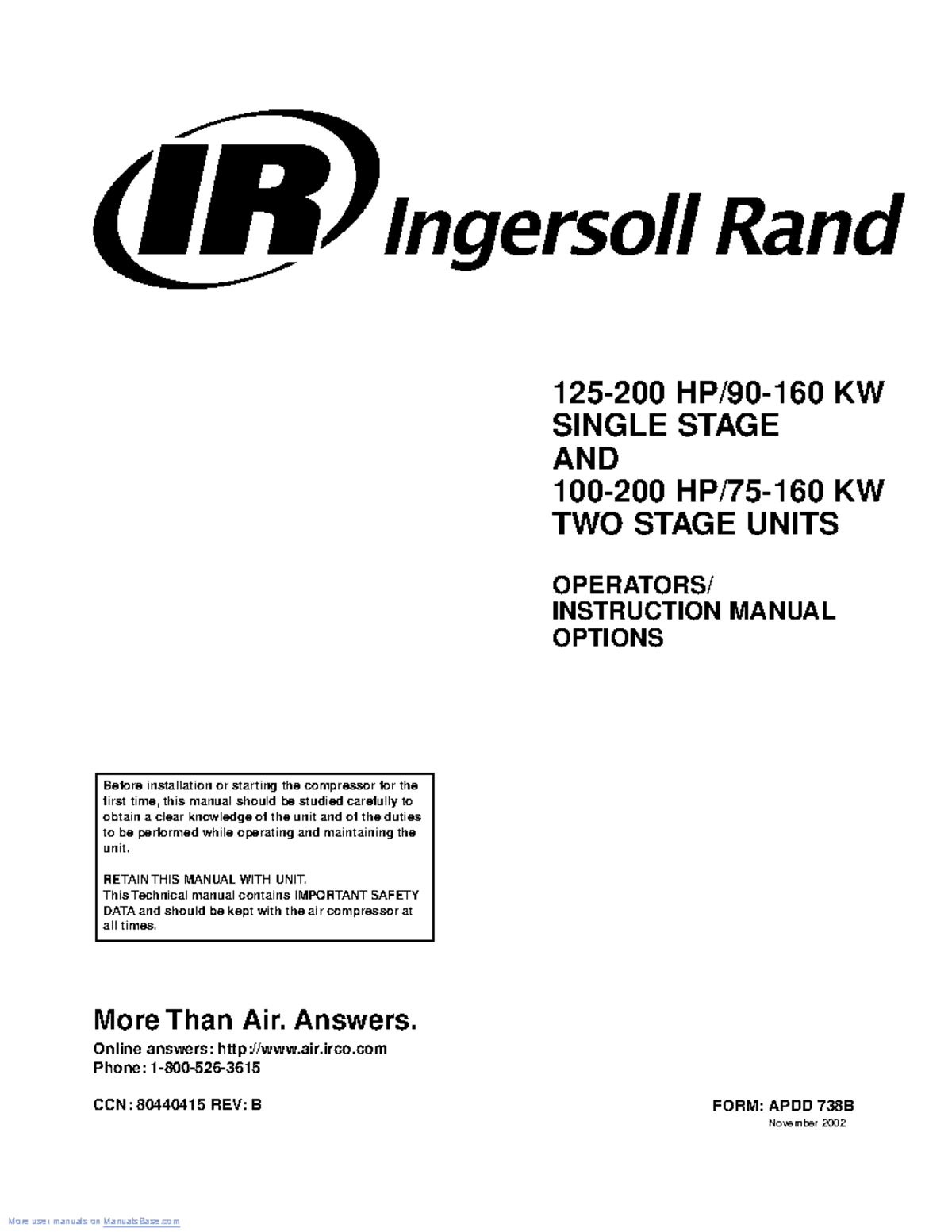 Manual Ingersoll-Rand 125-200 HP 90-160 KW - Manuals Base - Before installation or starting the ...