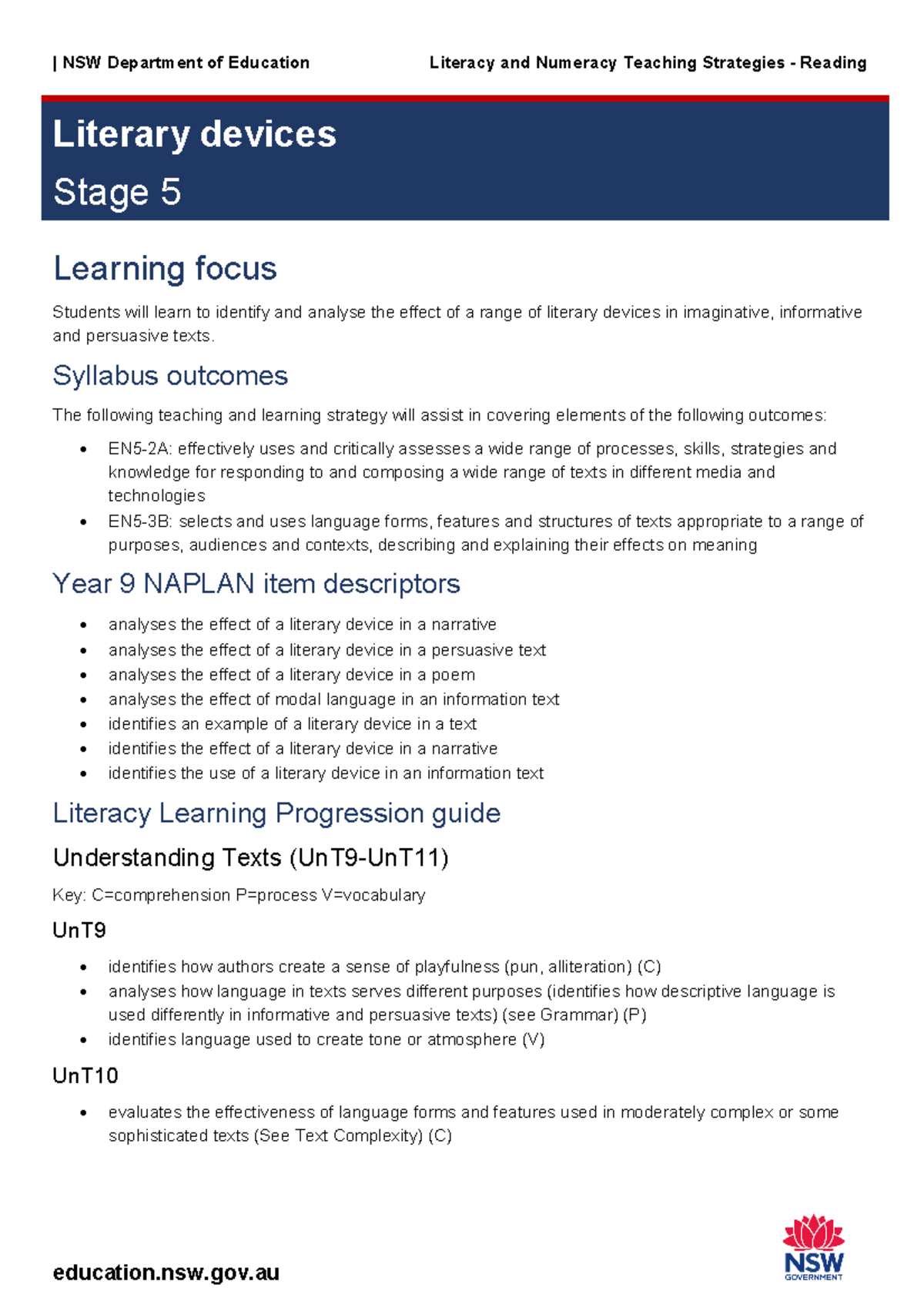 S5 reading literary devices - | NSW Department of Education Literacy ...