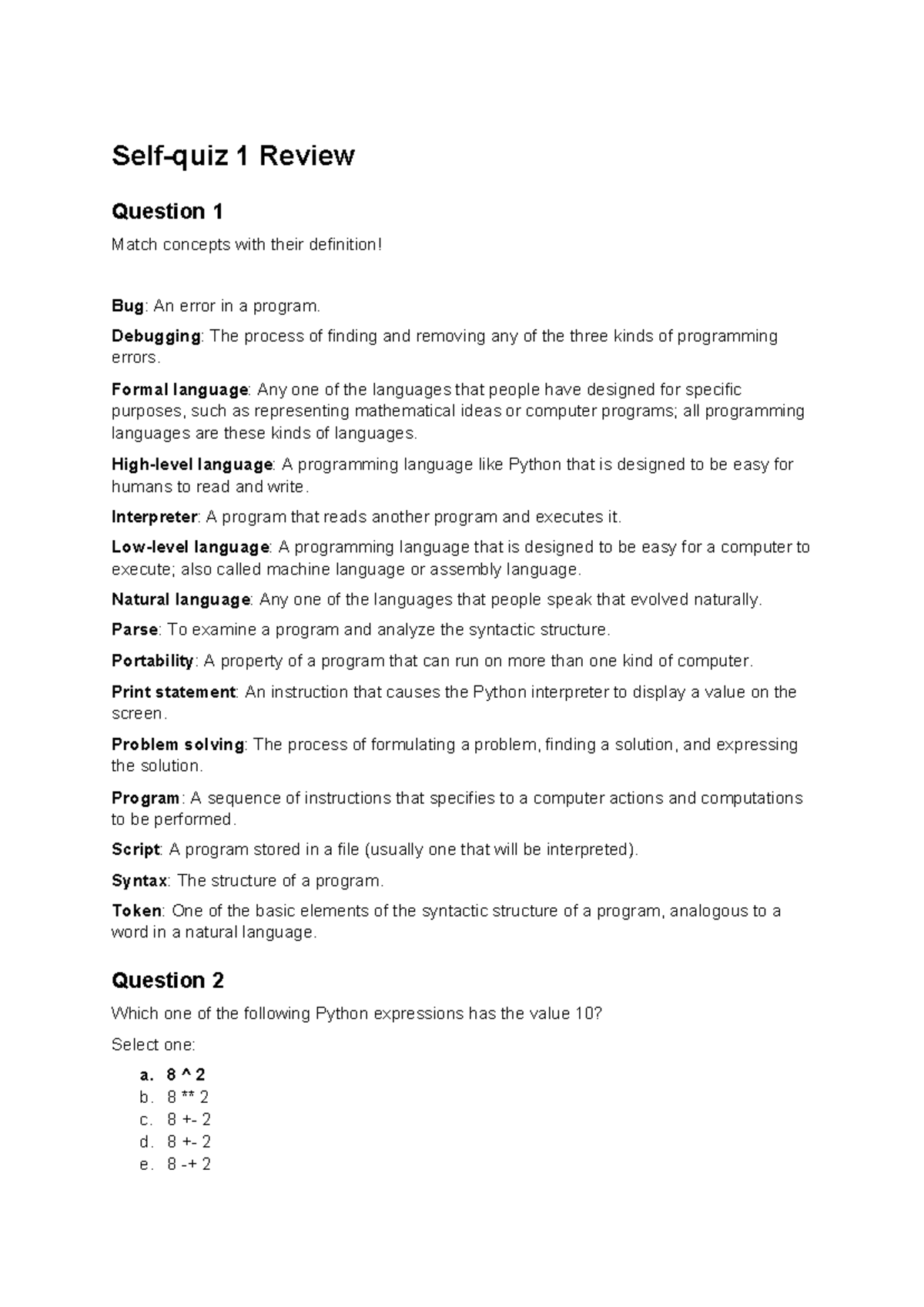 CS1101 Unit 1 Quiz - Self-quiz 1 Review Question 1 Match concepts with their definition! Bug ...