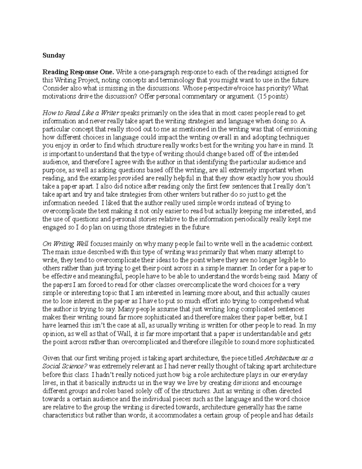 Journal entries - based off of essays written all semester - Sunday ...