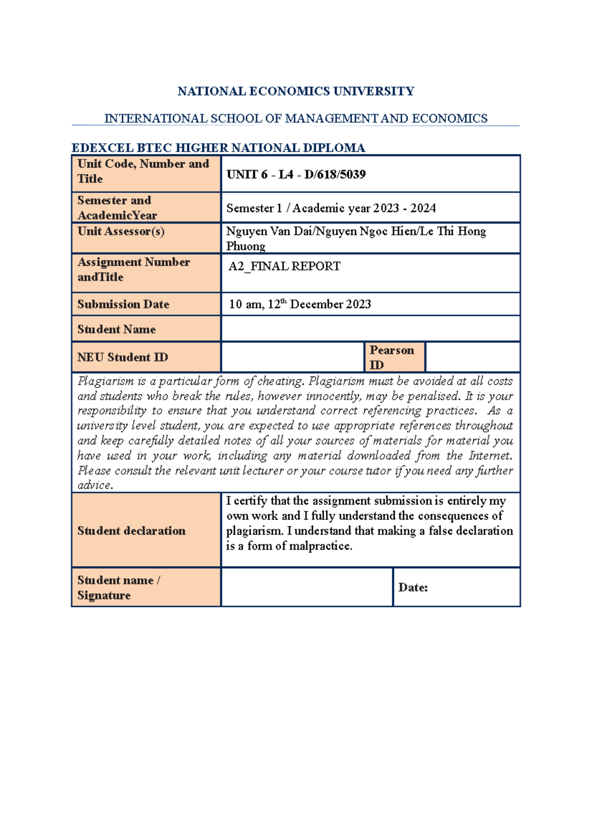Template of assignment 2 - NATIONAL ECONOMICS UNIVERSITY INTERNATIONAL ...