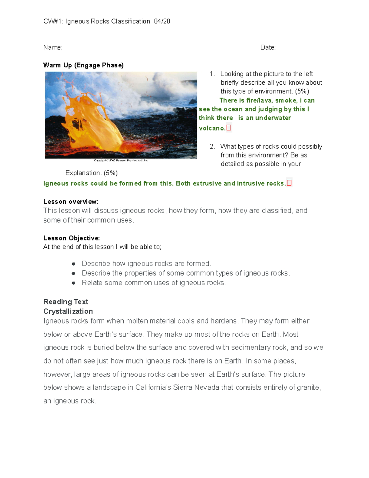 Earth Science - Igneous Rocks. - CW#1: Igneous Rocks Classification 04 ...
