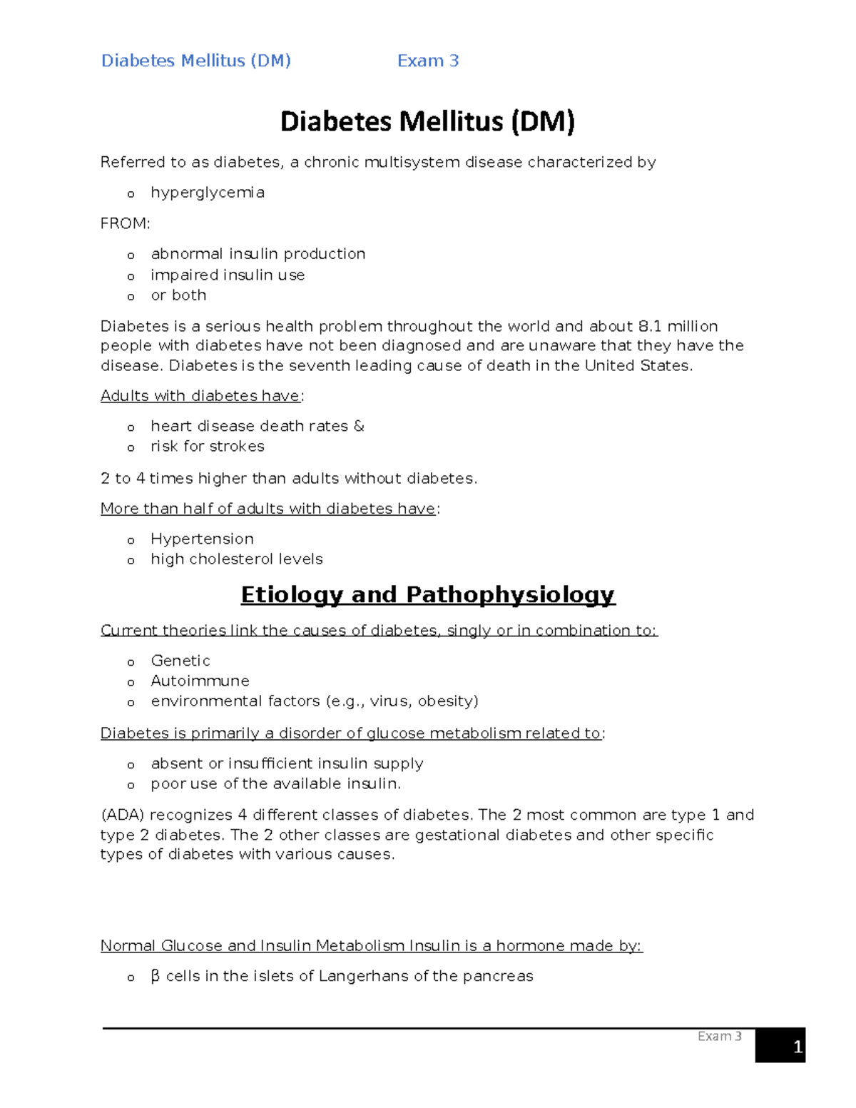 Diabetes Mellitus (DM) - Exam 3 Diabetes Mellitus (DM) Referred to as ...