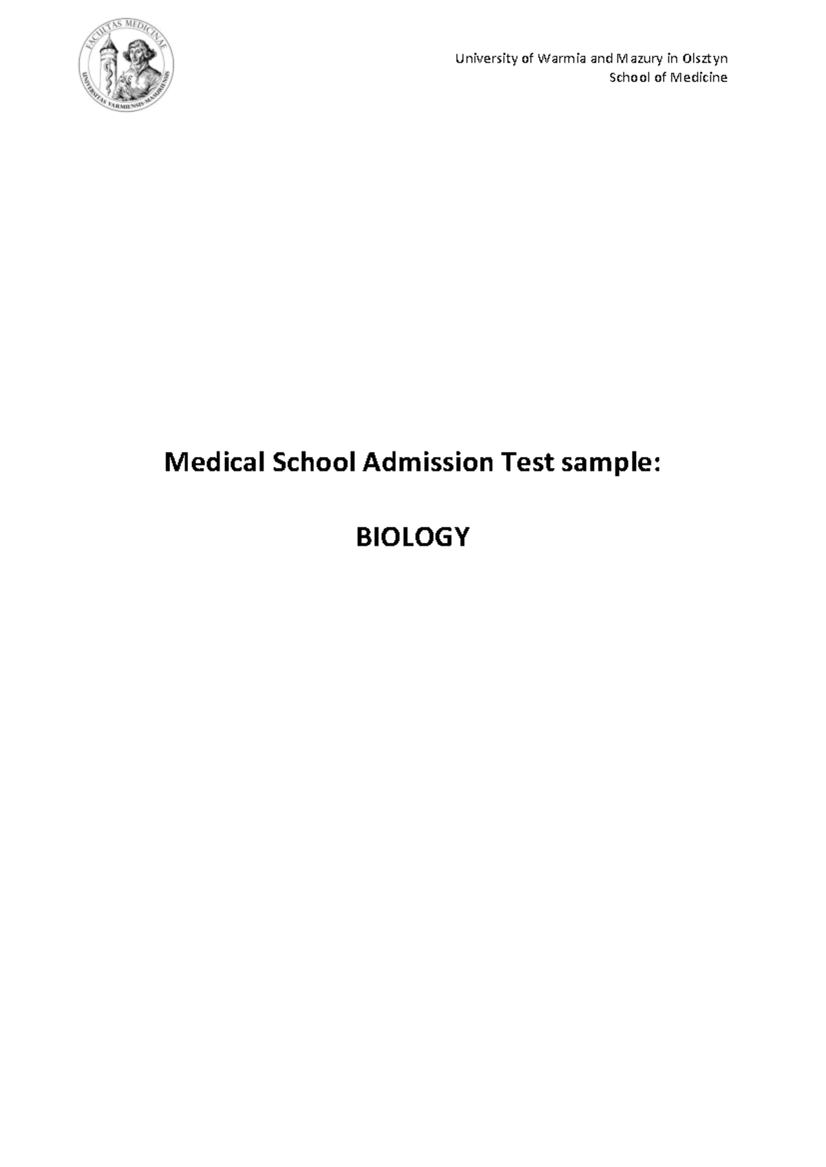 Medical school admission test sample biology - School of Medicine ...