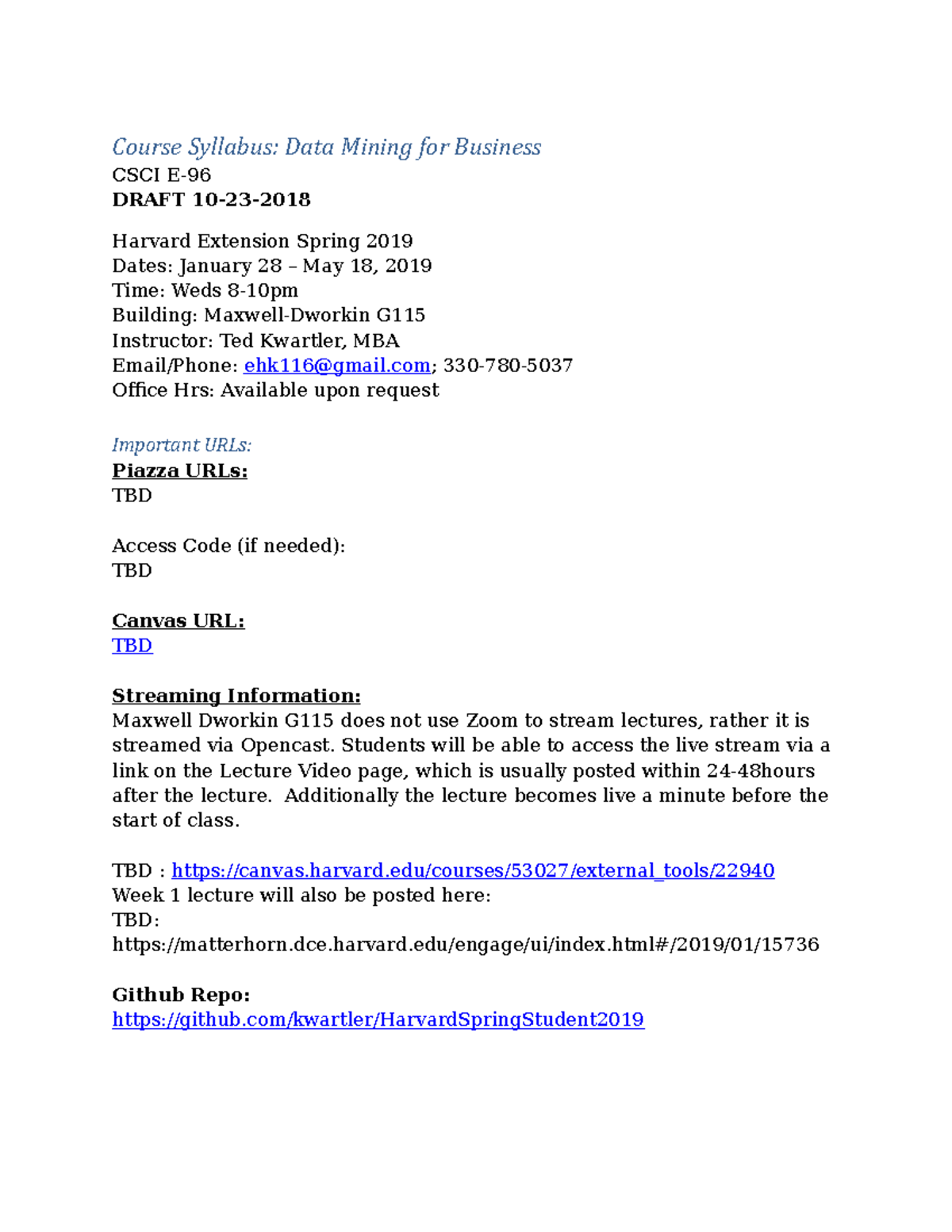 Data Mining for Business Spring 2019 v1 - Course Syllabus: Data Mining ...