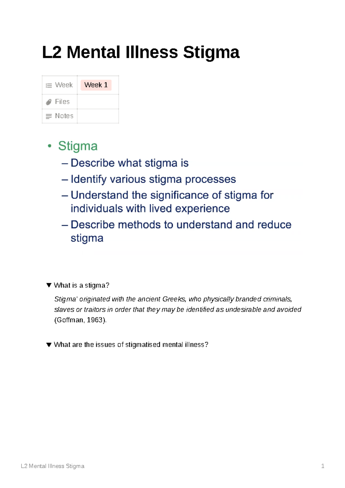 L2 Mental Illness Stigma Notes - L2 Mental Illness Stigma Week Week 1 ...