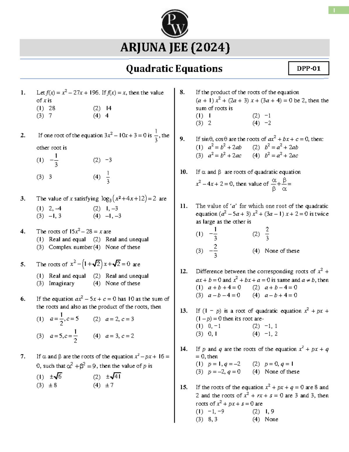 Quadratic Equations DPP 01 Arjuna JEE 2024 - 1 ARJUNA JEE (2024) Quadratic Equations Let f(x ...