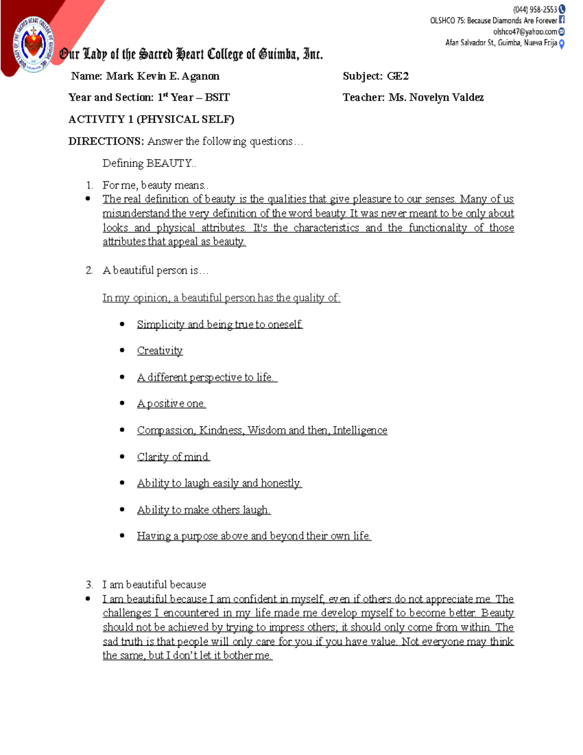Midterm Activity 1 and 2 - Name: Mark Kevin E. Aganon Subject: GE Year ...
