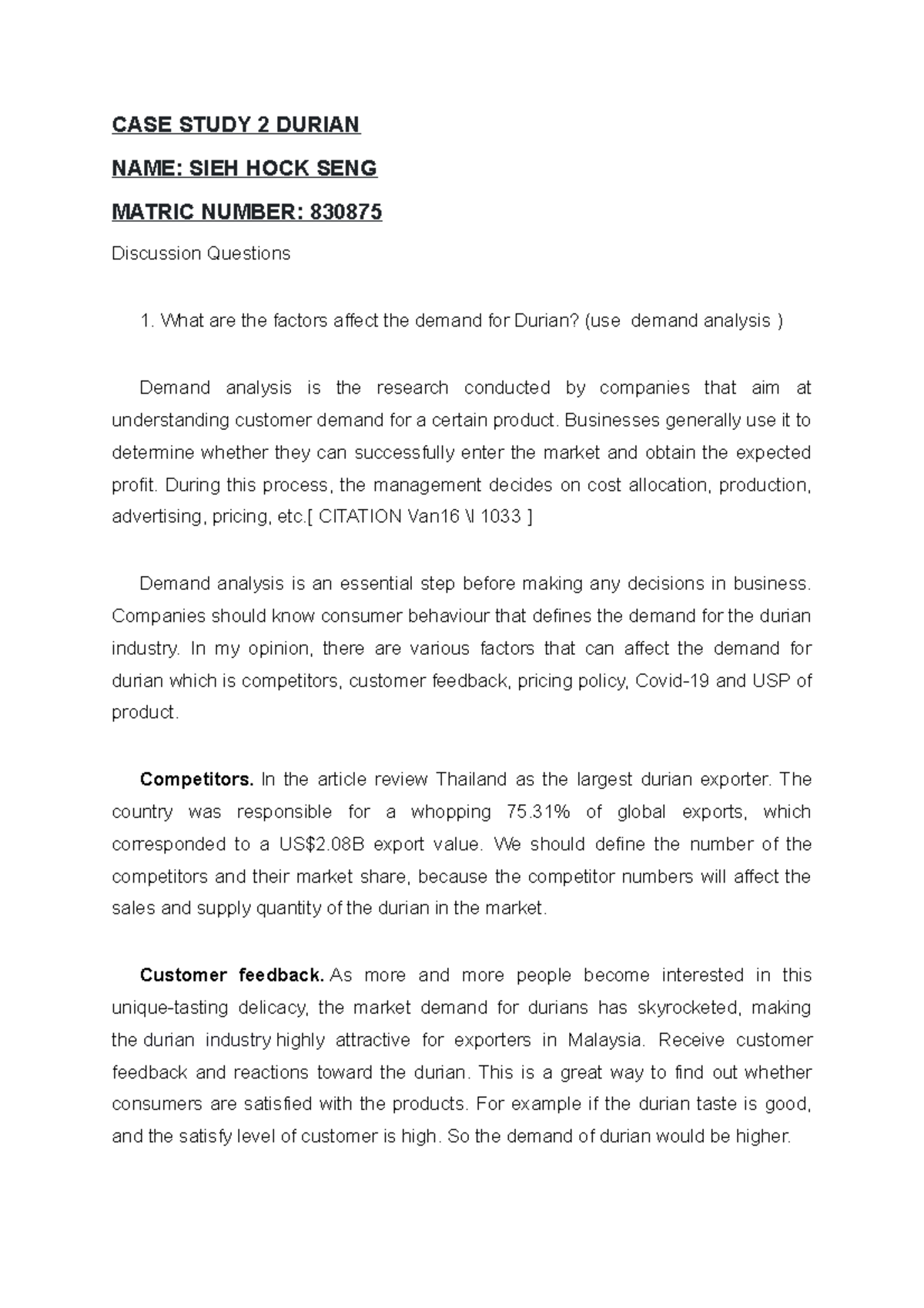 (Edited)830875 Case 2 Demand For Durians - CASE STUDY 2 DURIAN NAME ...