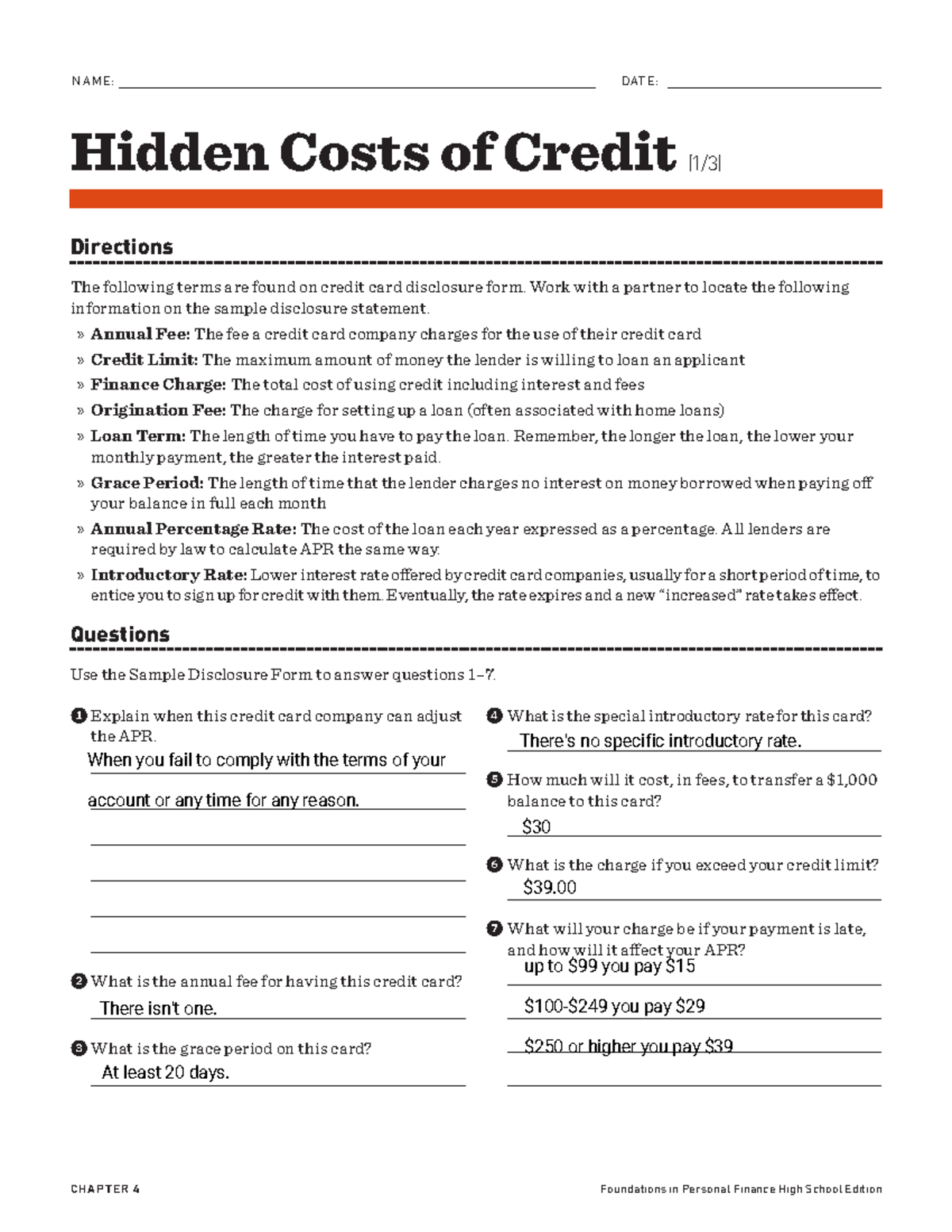 Activity Hidden Cost of Credit - CH A P TER 4 Foundations in Personal ...