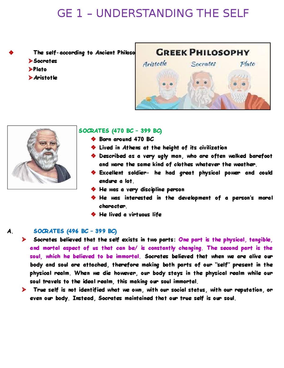 GE 1 notes - gga - GE 1 – UNDERSTANDING THE SELF The self-according to ...