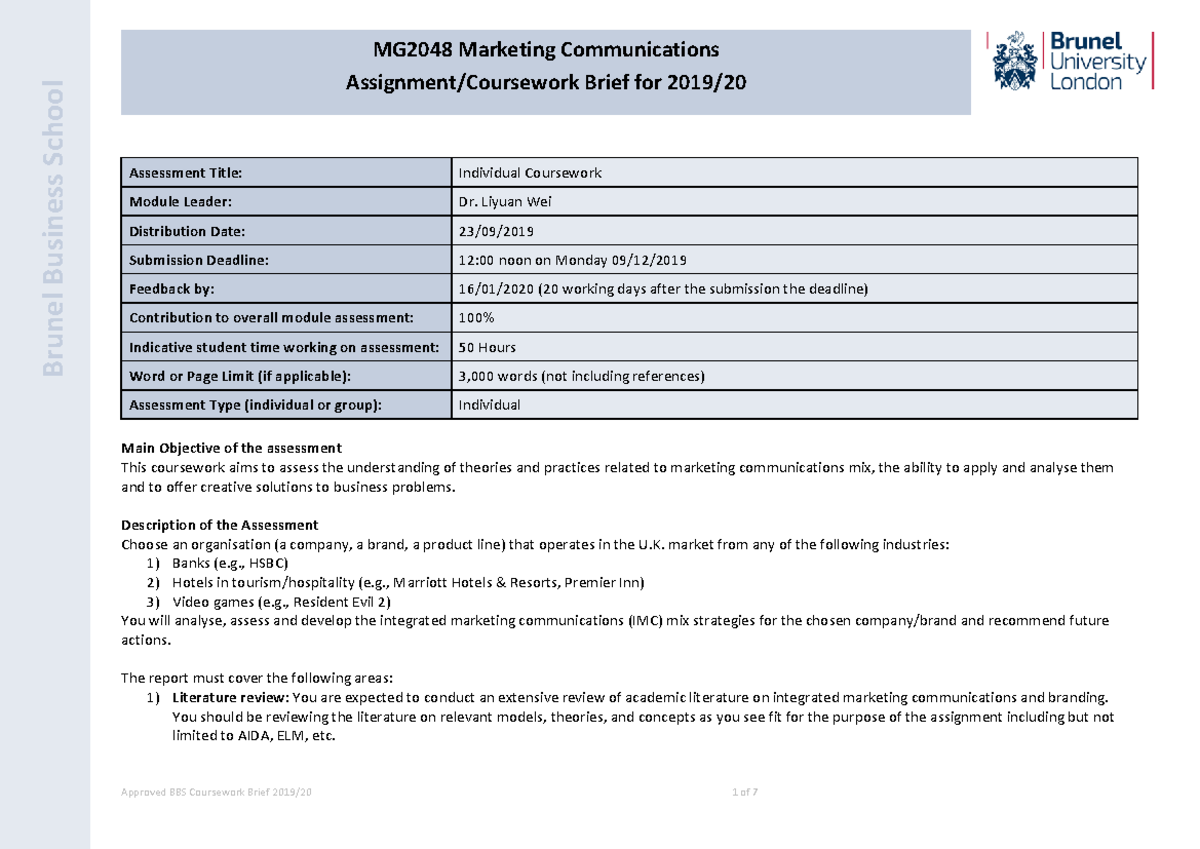 MG2048 Coursework Brief 2019 - Brunel Business School Assessment Title ...