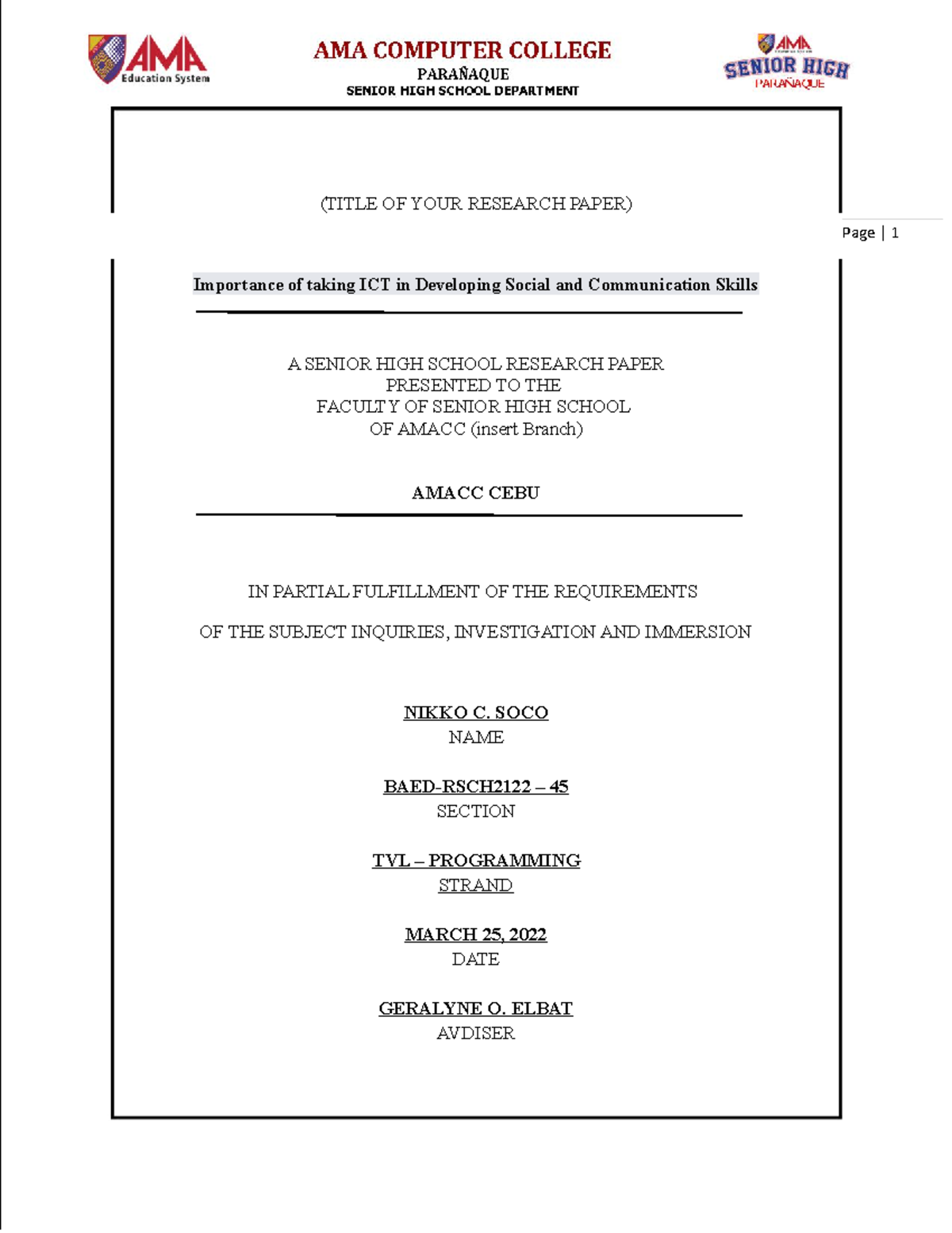 Resaerch- Template-1 - For educ purposes only - (TITLE OF YOUR RESEARCH ...