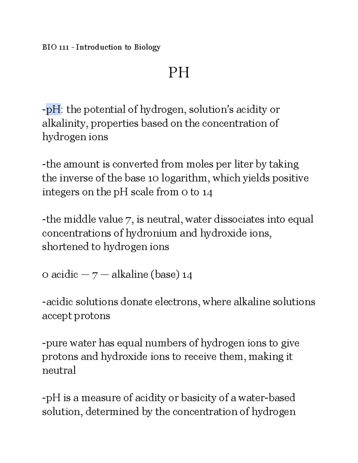 Explaining PH Notes -BIO 111 - BIO 111 - Introduction to Biology PH ...