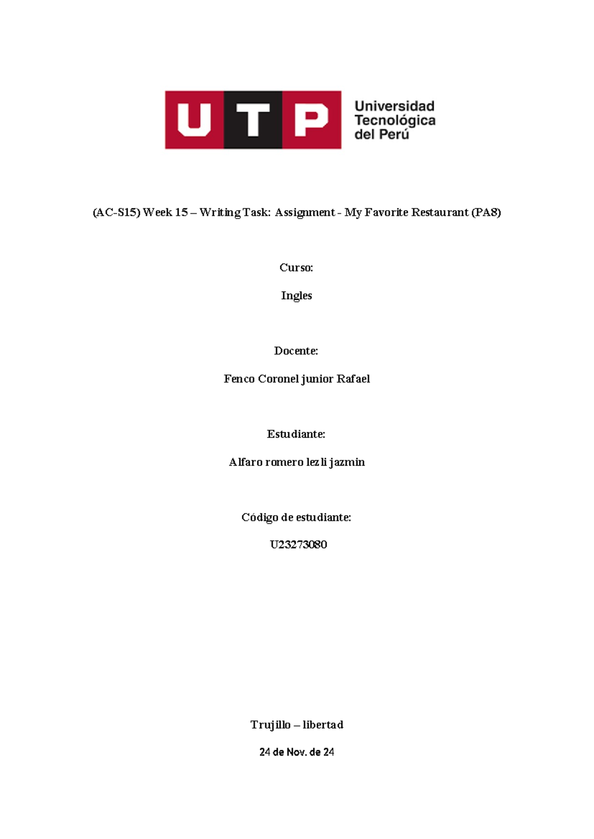 (AC-S15) Week 15 – Writing Task Assignment - My Favorite Restaurant ...